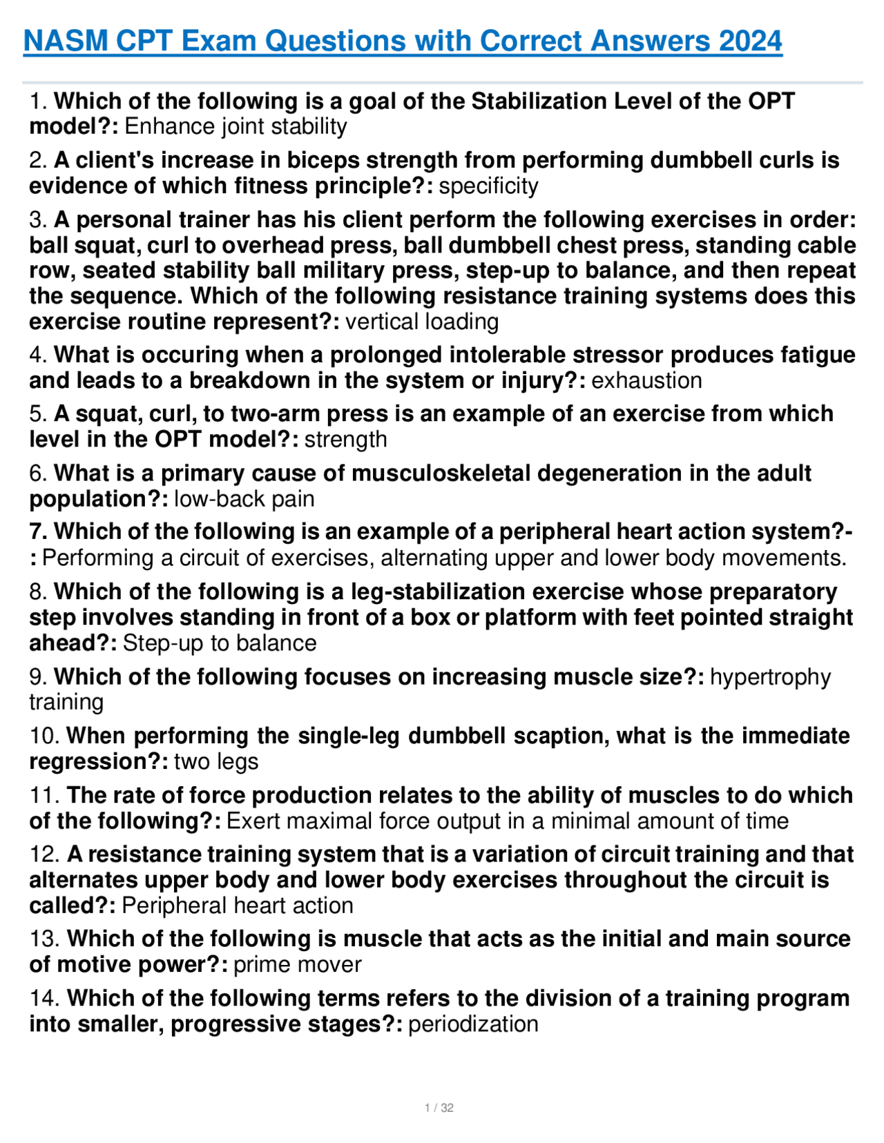 NASM CPT Exam Questions with Correct Answers 2024 | Exams Nursing | Docsity