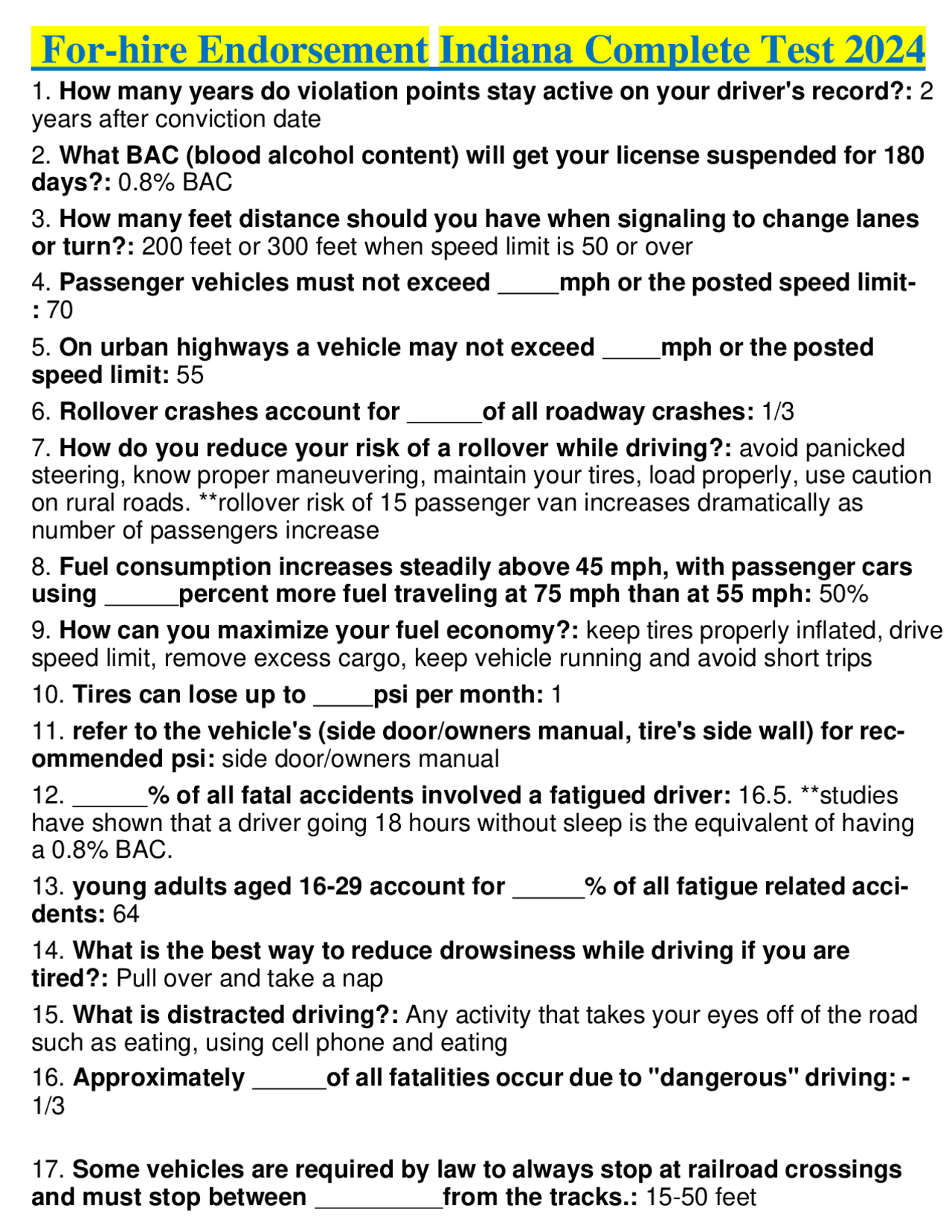 For-hire Endorsement Indiana Complete Test 2024 | Exams Nursing | Docsity