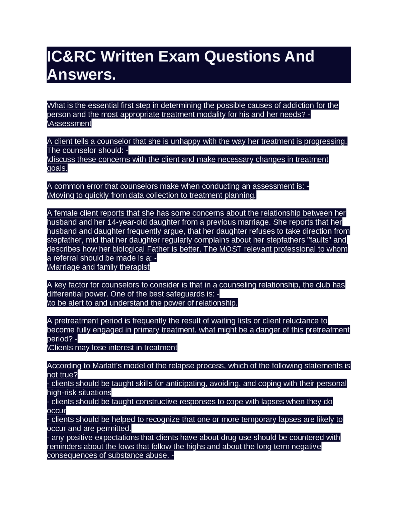 IC&RC Written Exam Questions And Answers. | Exams Social Work | Docsity