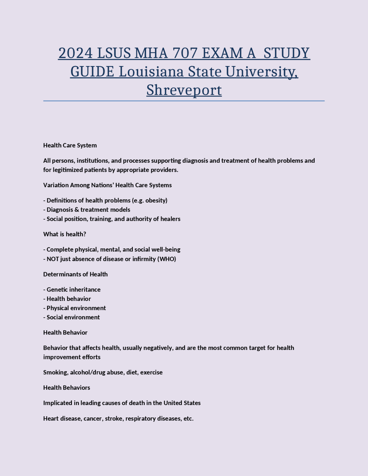 2024 LSUS MHA 707 EXAM A STUDY GUIDE Louisiana State University ...