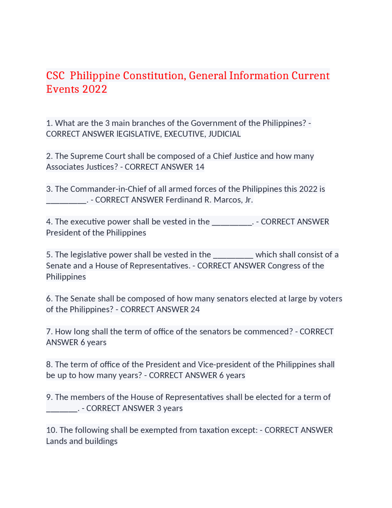 CSC Philippine Constitution, General Information Current Events 2022 ...