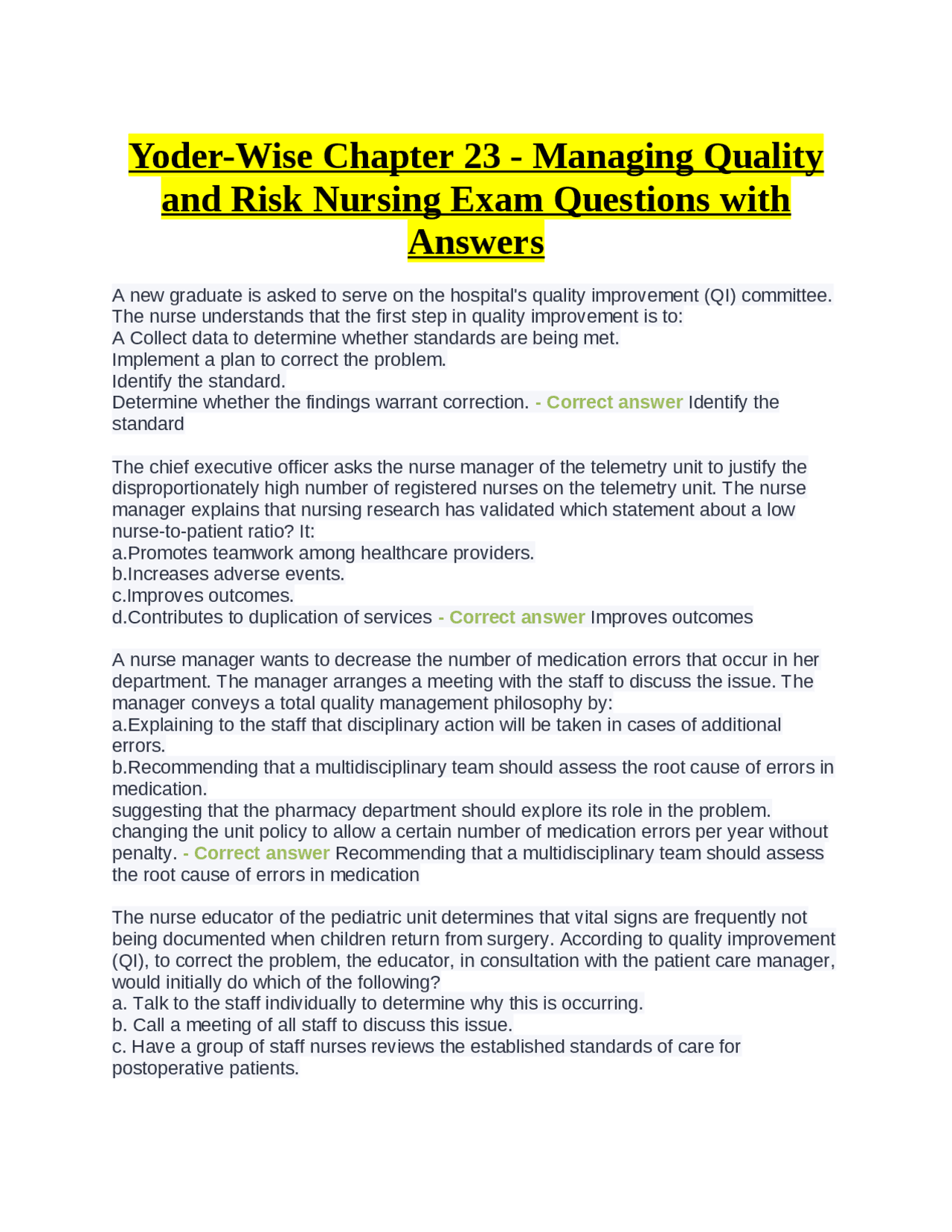 Yoder-Wise Chapter 23 - Managing Quality and Risk Nursing Exam ...