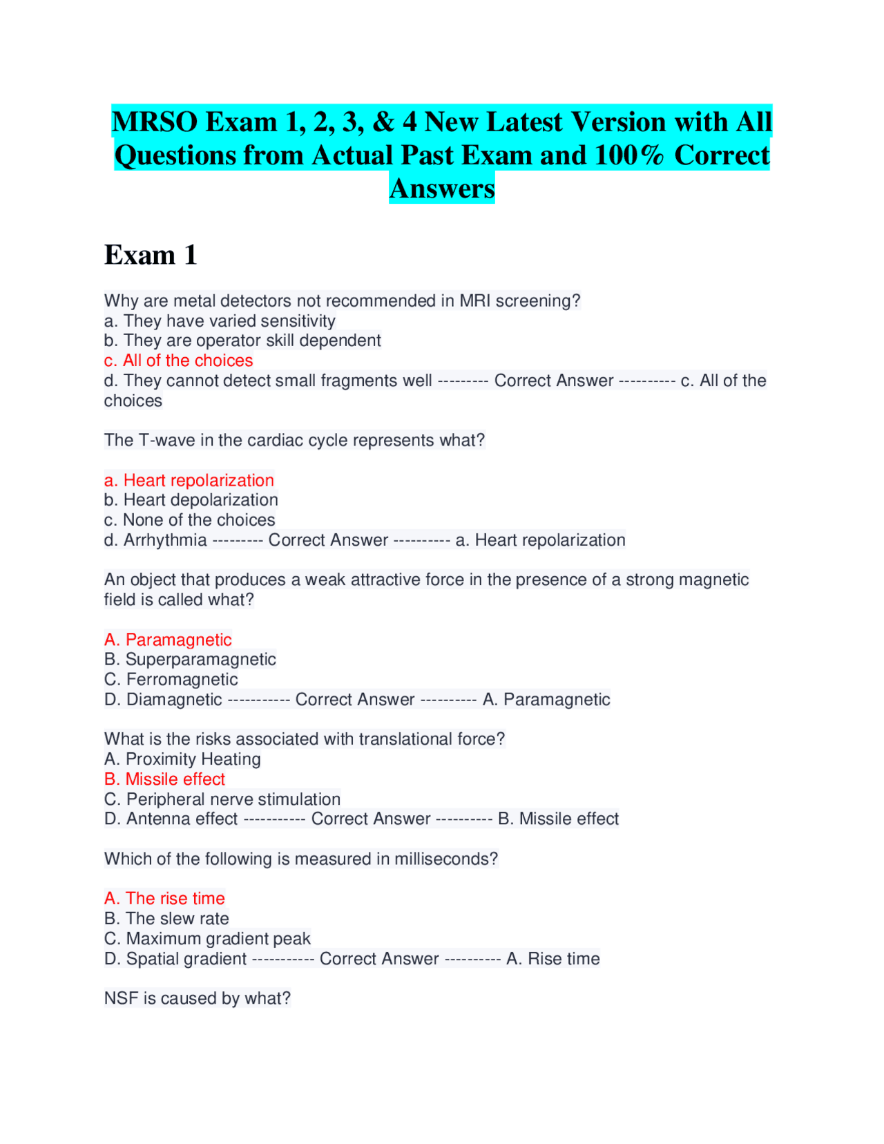 MRSO Exam 1, 2, 3, & 4 New Latest Version with All Questions from ...