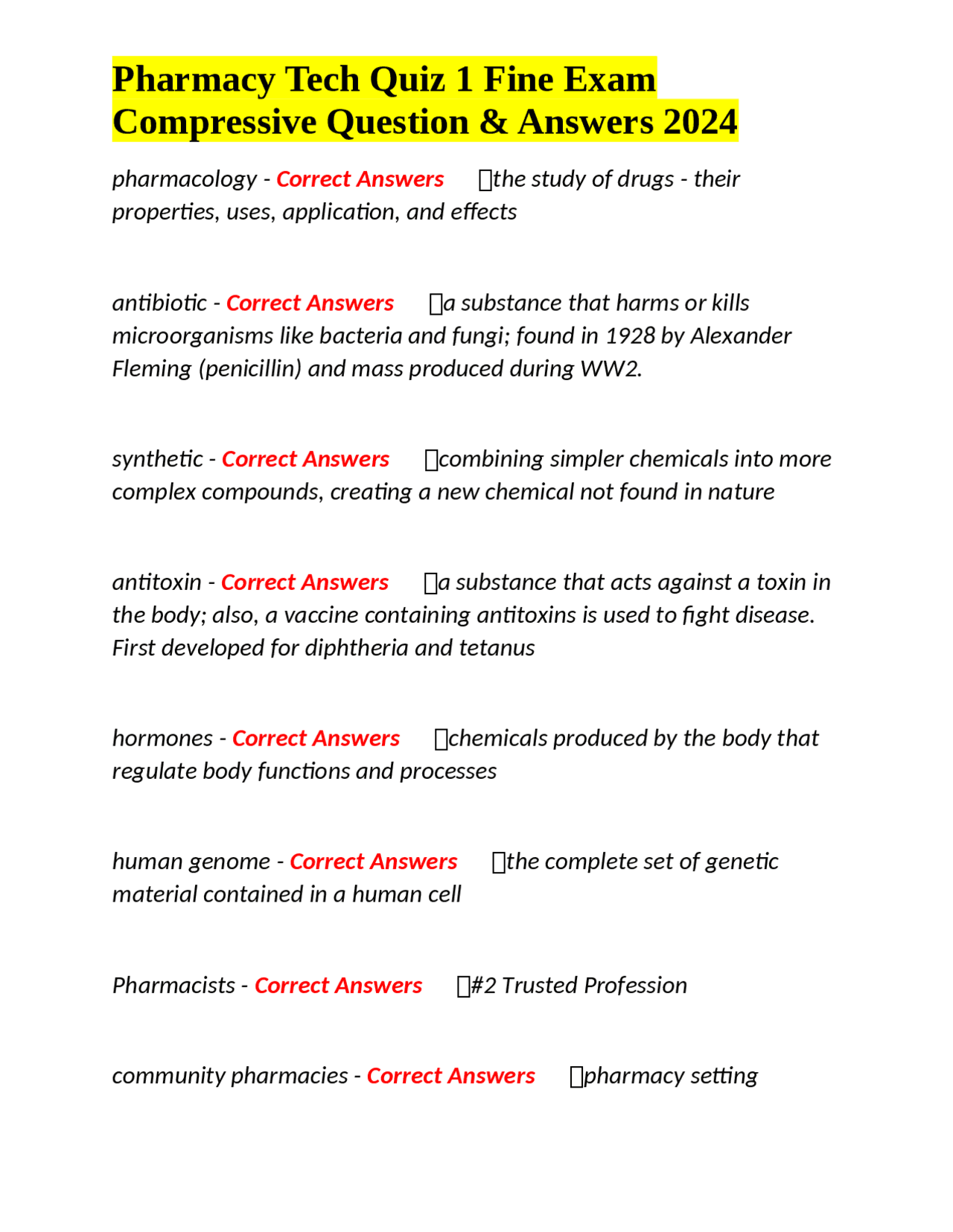 Pharmacy Tech Quiz 1 Fine Exam Compressive Question & Answers 2024 ...