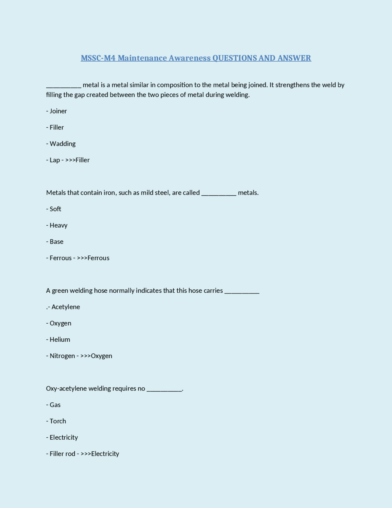 MSSC-M4 Maintenance Awareness QUESTIONS AND ANSWER | Exams Advanced ...