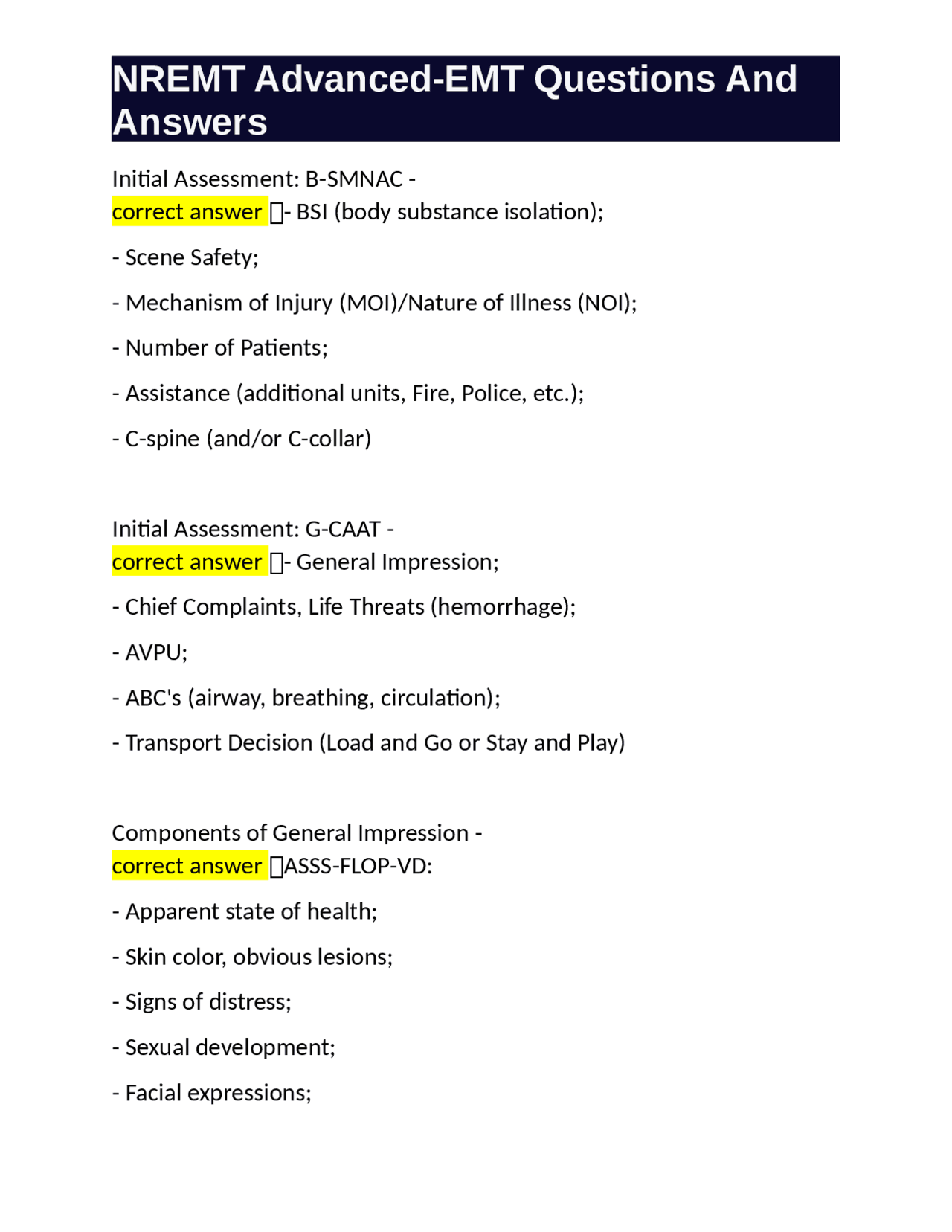 NREMT Advanced-EMT Questions And Answers | Exams Nursing | Docsity