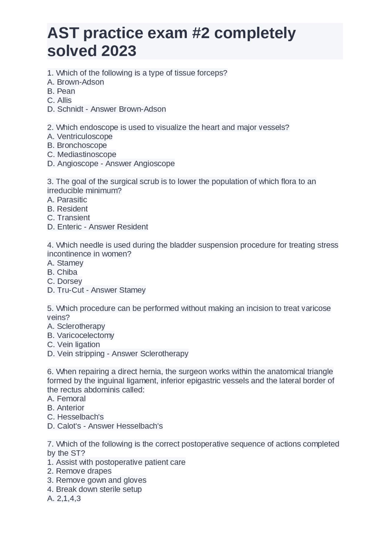 Surgical Instruments and Procedures: AST Practice Exam #2 Solved 2023 ...