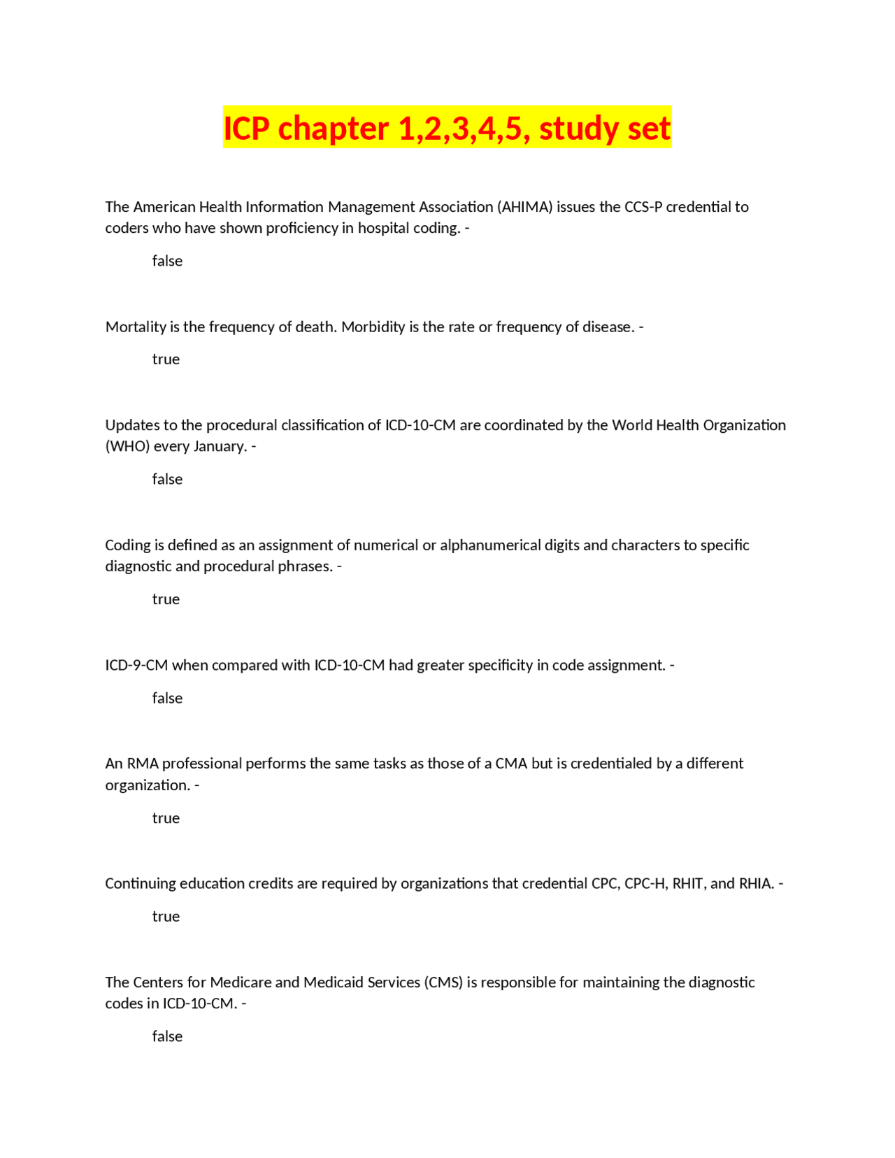 ICP chapter 1,2,3,4,5, study set | Exams Nursing | Docsity