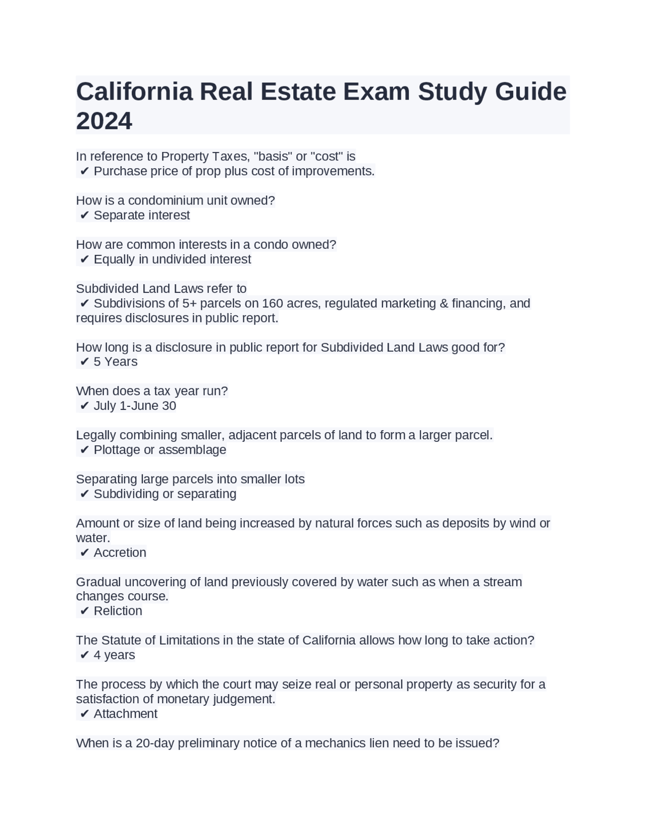 California Real Estate Exam Study Guide 2024 | Exams Nursing | Docsity