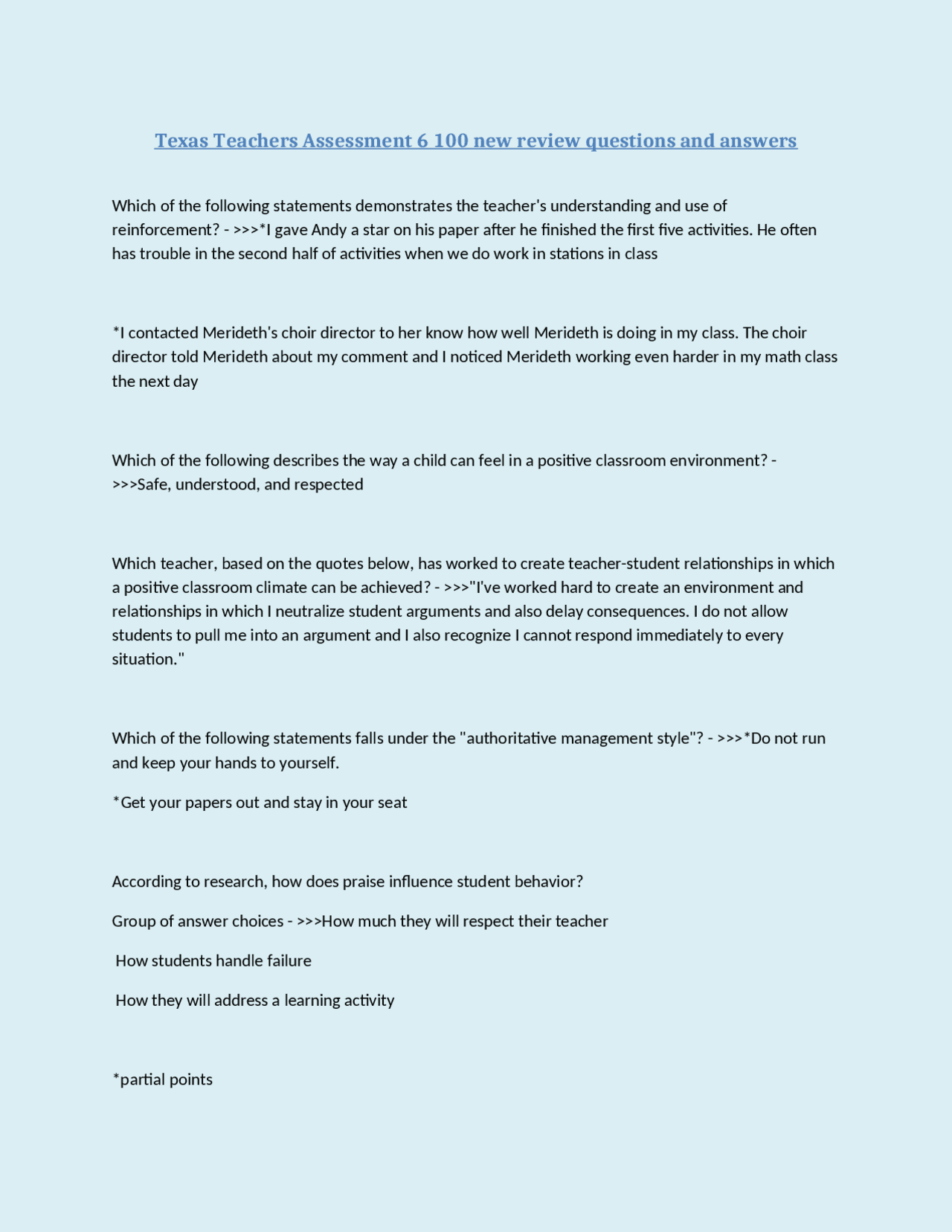 Texas Teachers Assessment 6 100 new review questions and answers ...