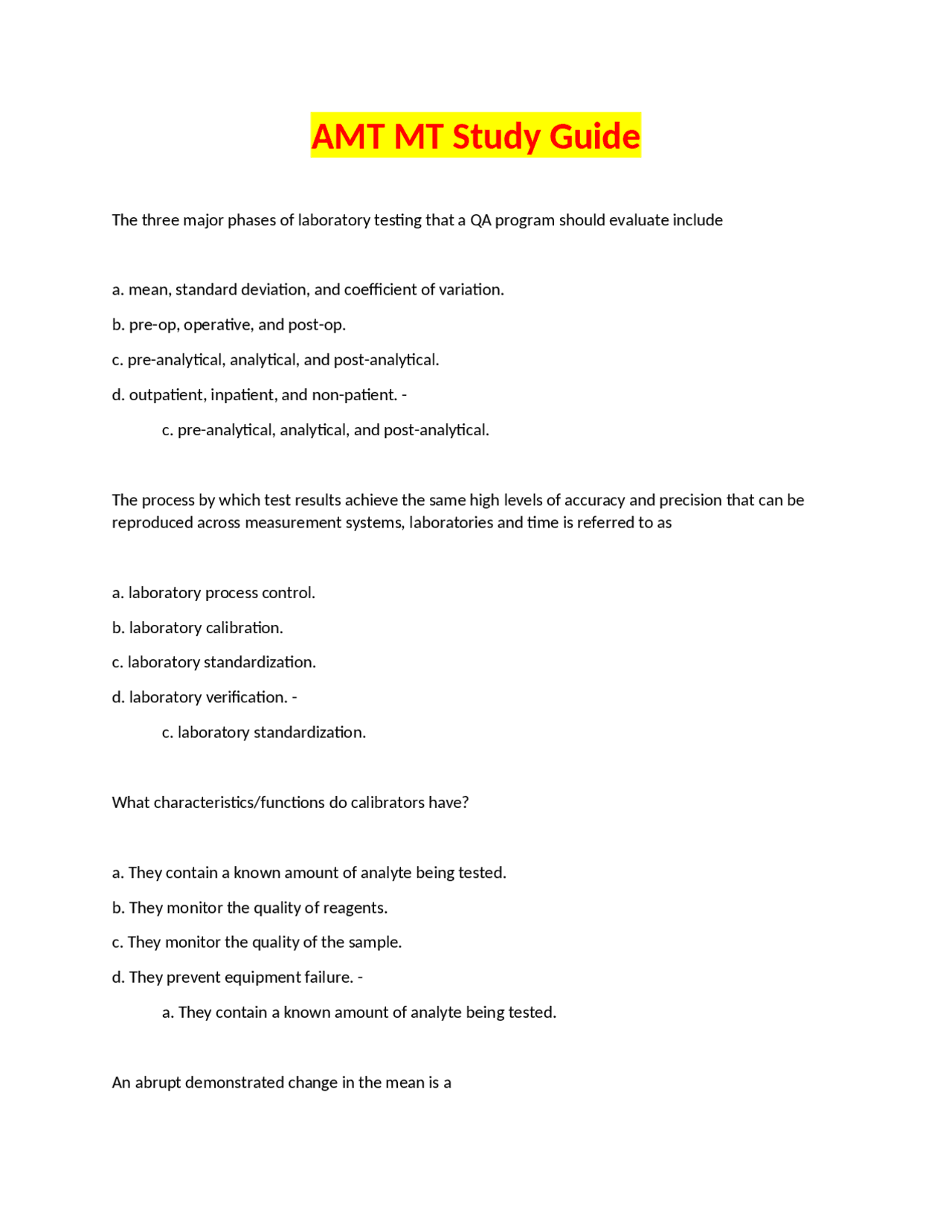 AMT MT Study Guide AMT MT Study Guide | Exams Nursing | Docsity