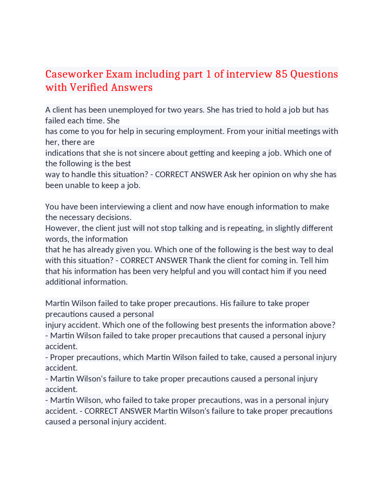 Caseworker Exam including part 1 of interview 85 Questions with Verified Answers | Exams Job ...