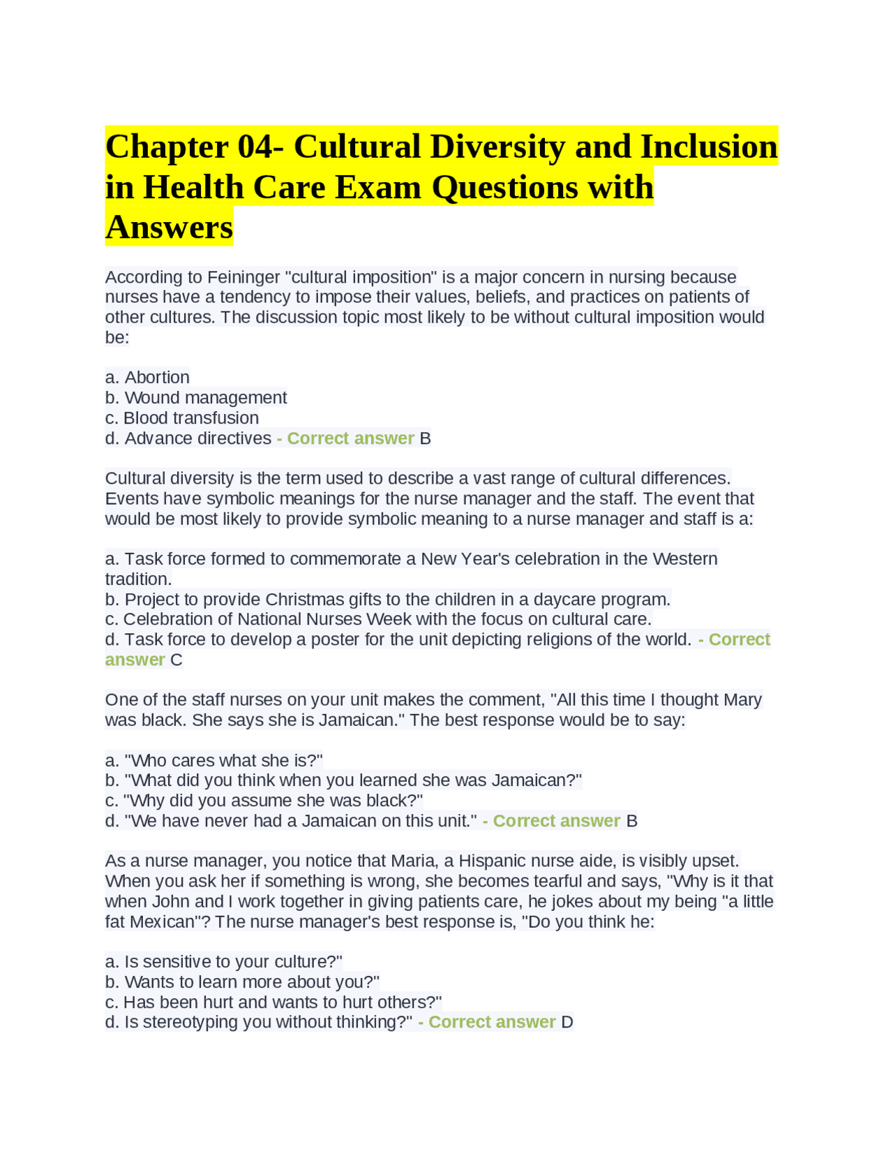Cultural Diversity and Inclusion in Health Care: Exam Questions and ...