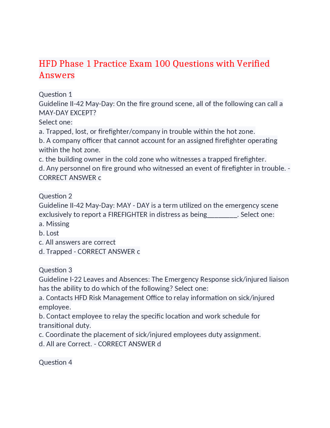 HFD Phase 1 Practice Exam 100 Questions with Verified Answers,100% ...