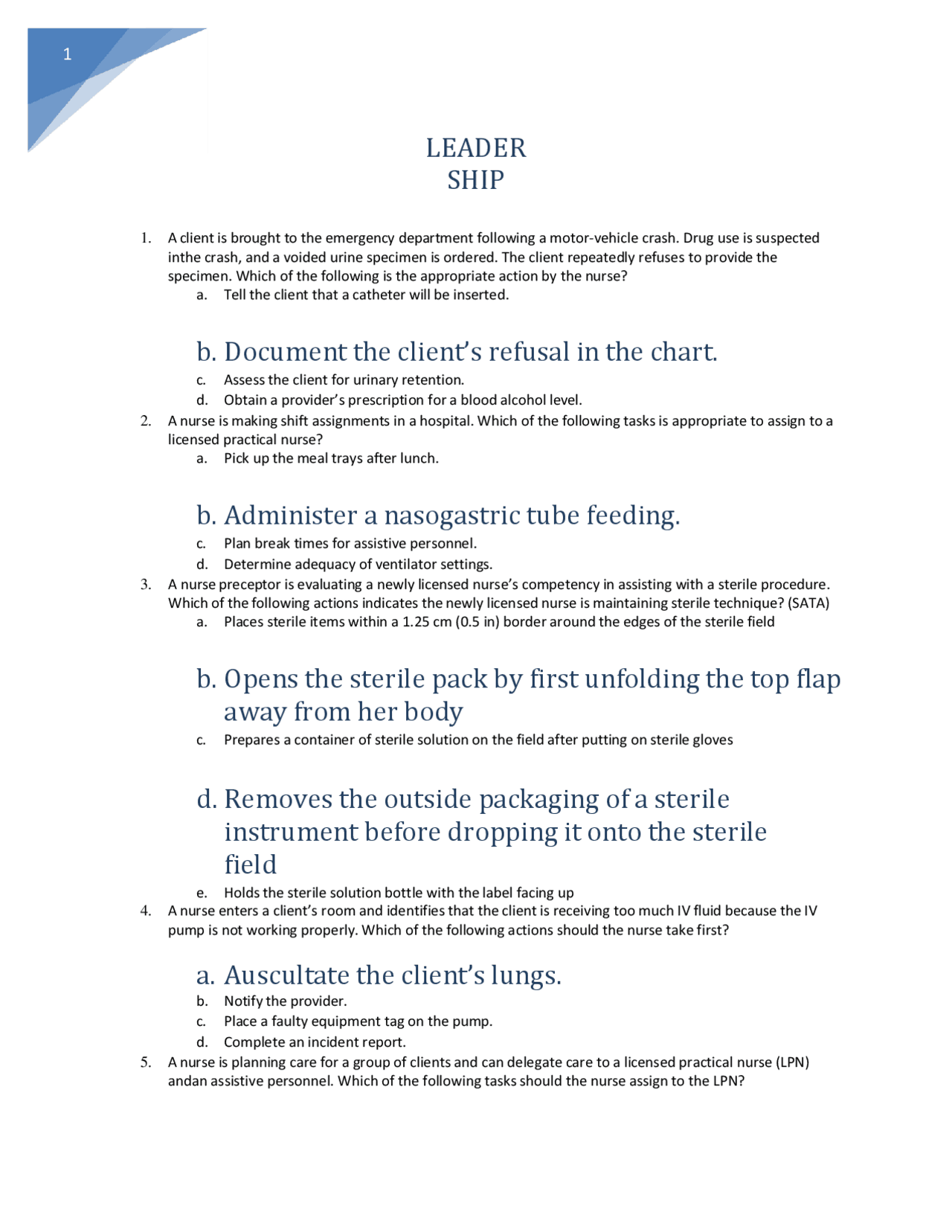 Exam NURSING MISC Leadership GRADED A+ | Exams Nursing | Docsity