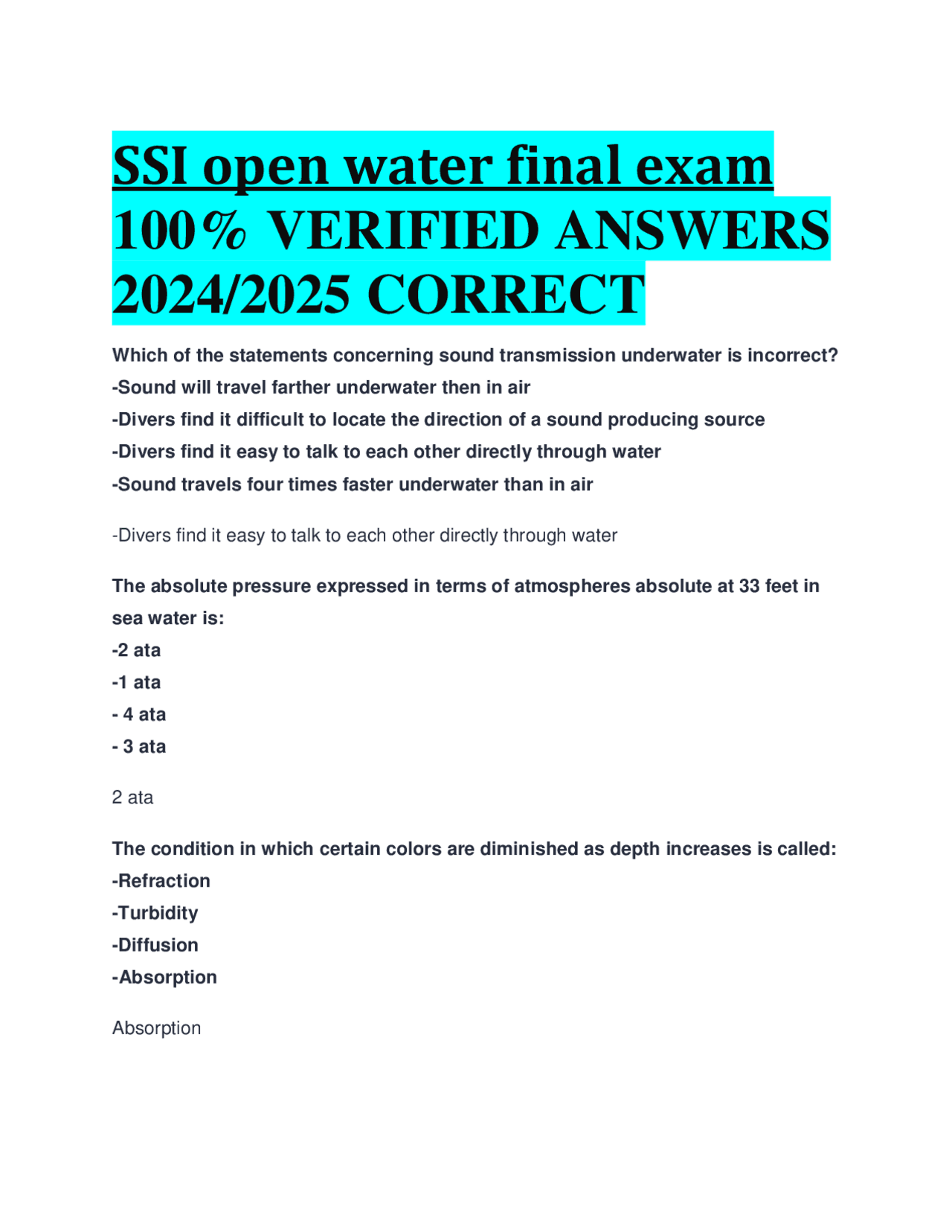 SSI open water final exam 100% VERIFIED ANSWERS 2024/2025 CORRECT ...