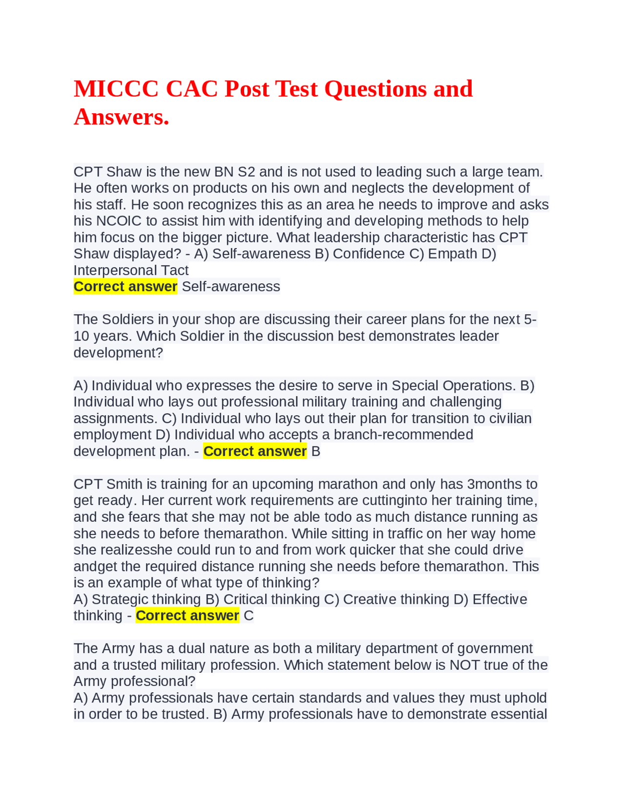 MICCC CAC Post Test Questions and Answers. | Exams Military leadership ...