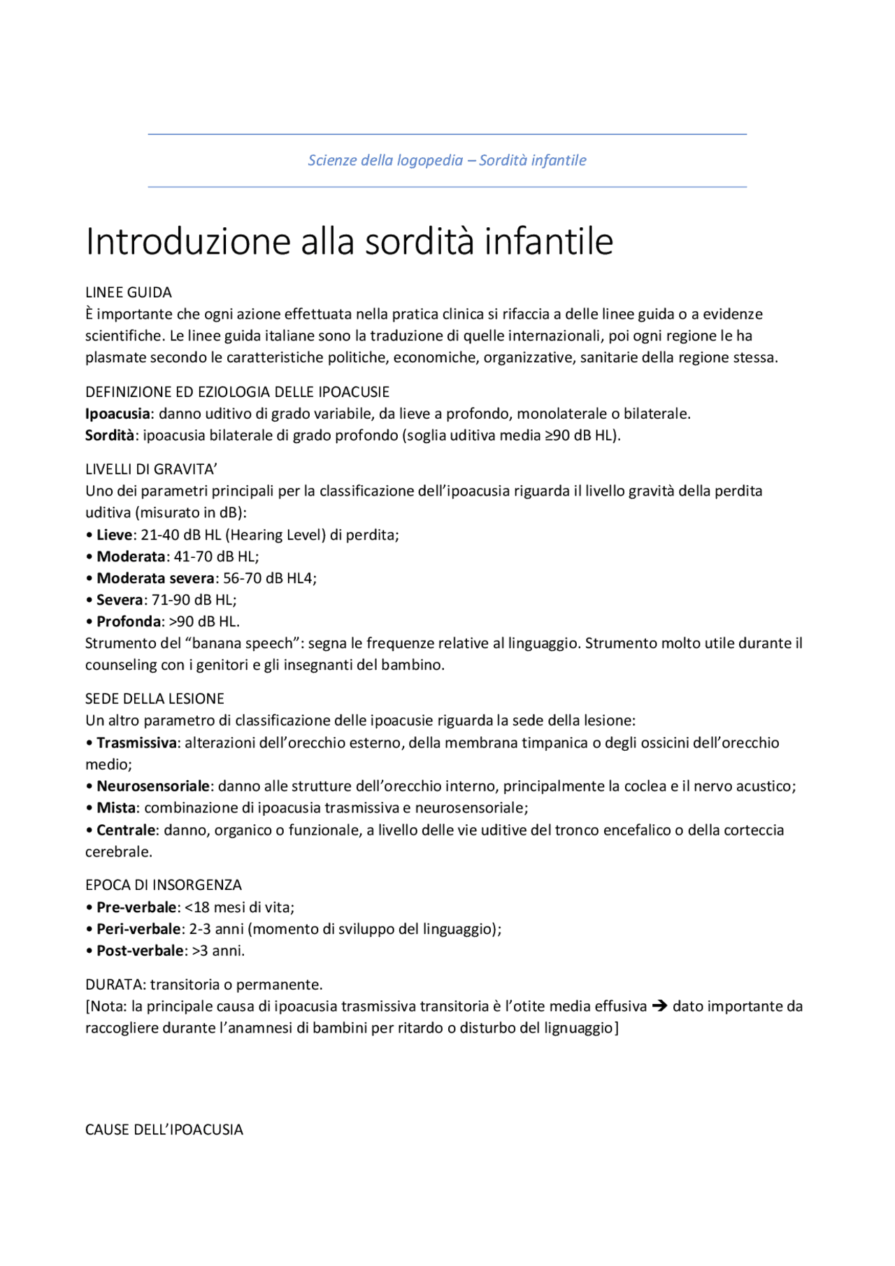 introduzione alla sordità | Dispense di Logopedia | Docsity