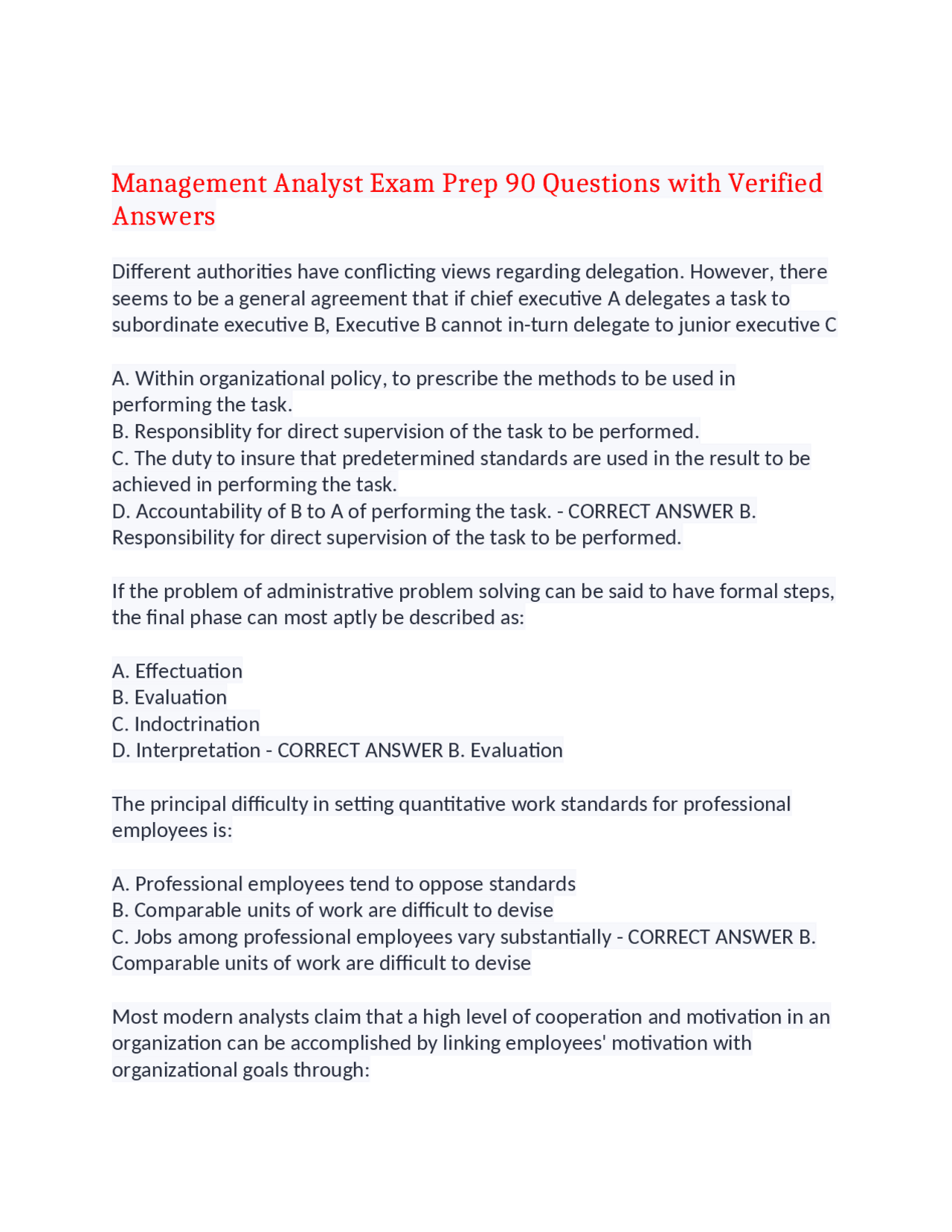 Management Analyst Exam Prep 90 Questions with Verified Answers,100% ...