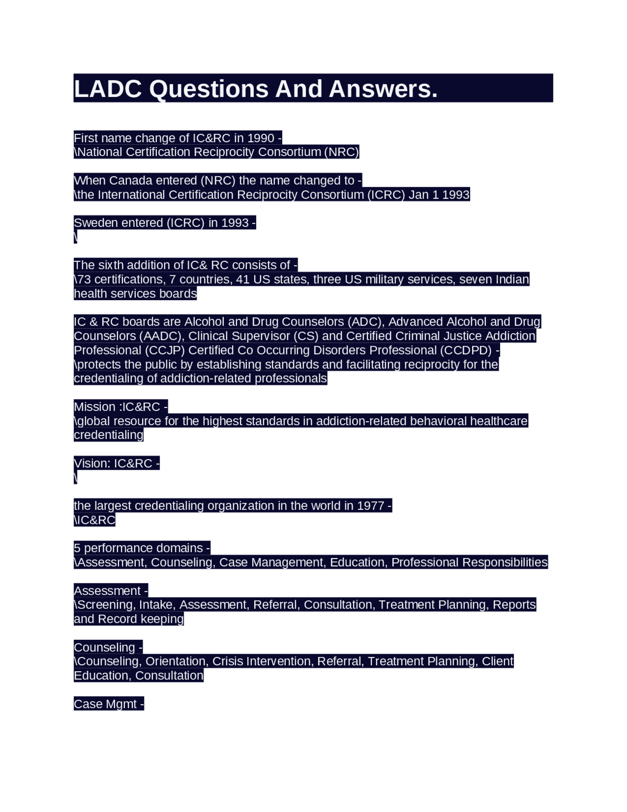 LADC Sample Questions And Answers. | Exams Psychology | Docsity