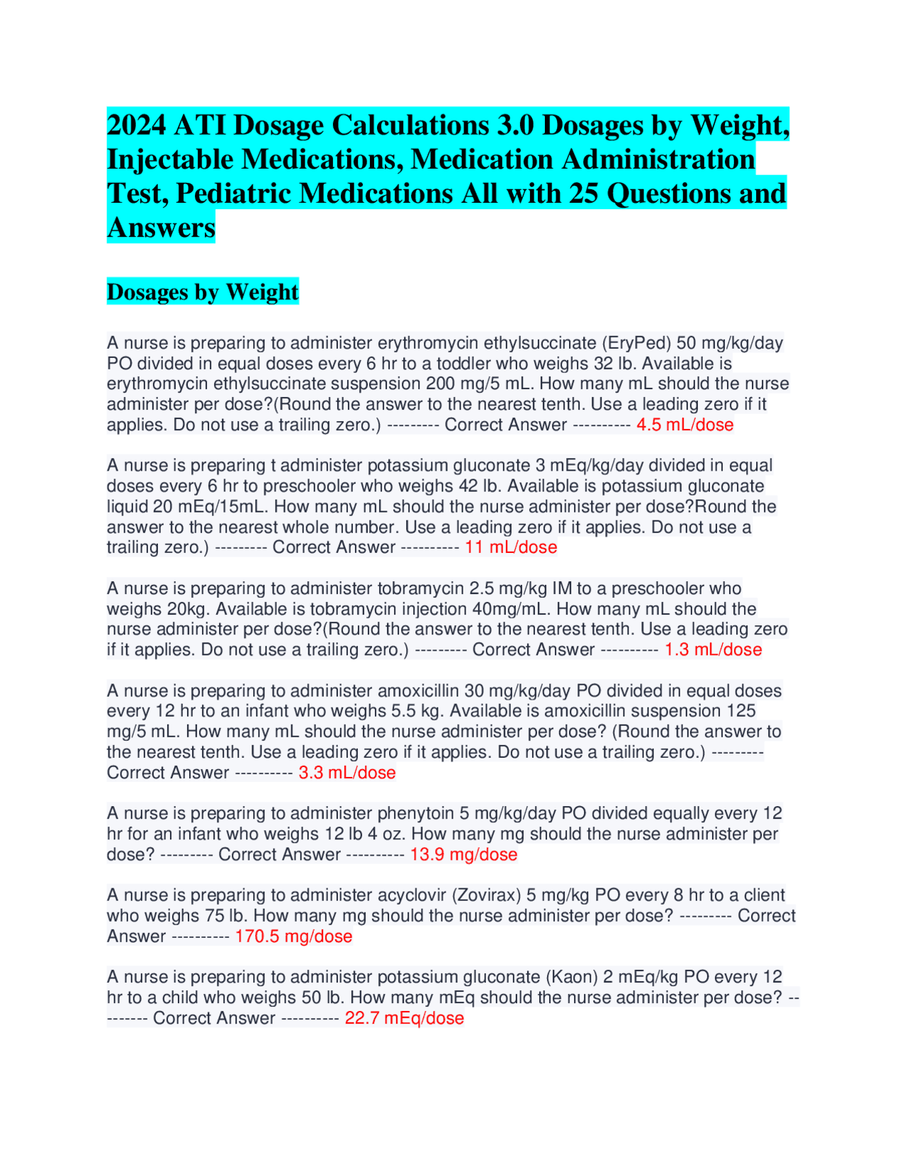 2024 ATI Dosage Calculations 3.0 Dosages by Weight, Injectable ...