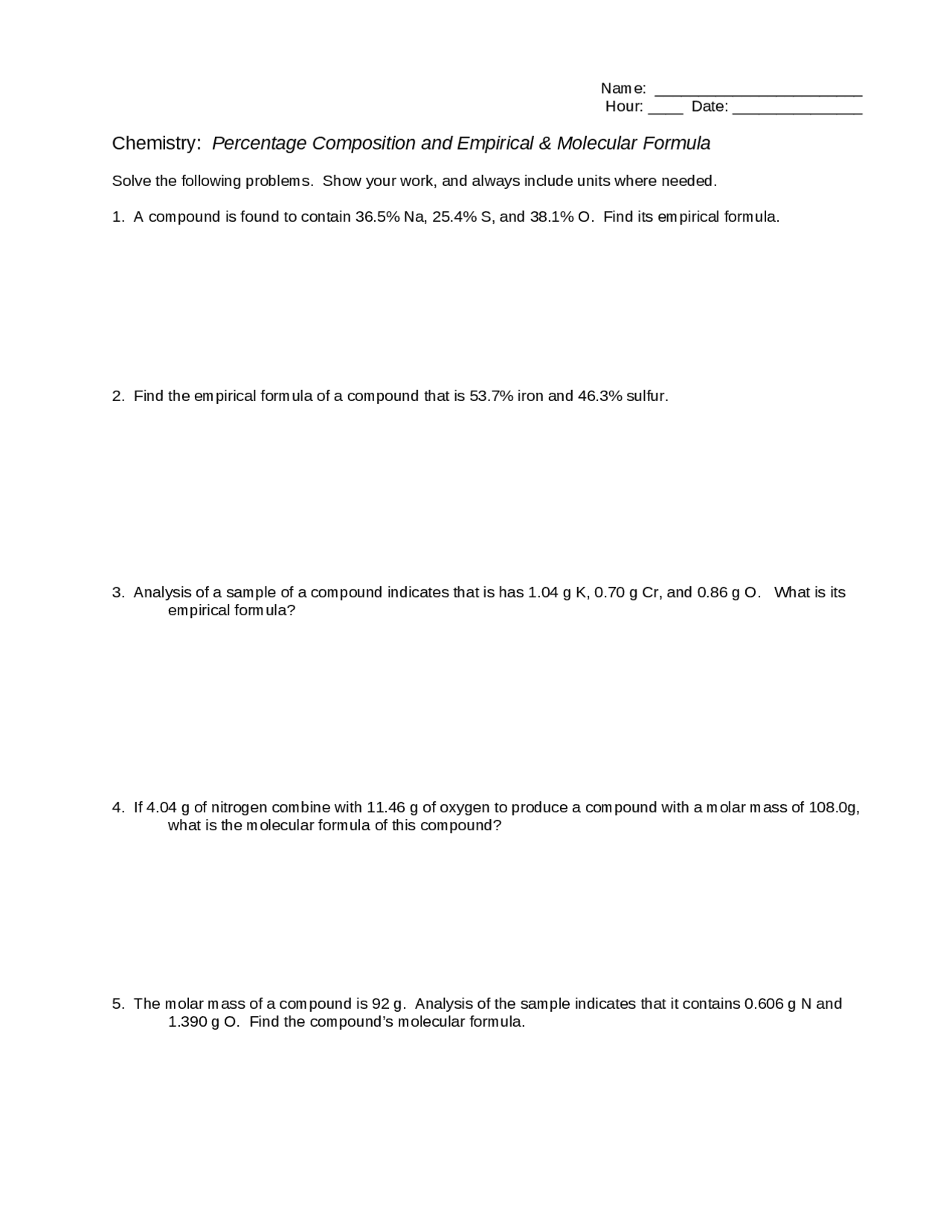 Percent Composition Practice Chemistry Honors | Exercises Chemistry ...
