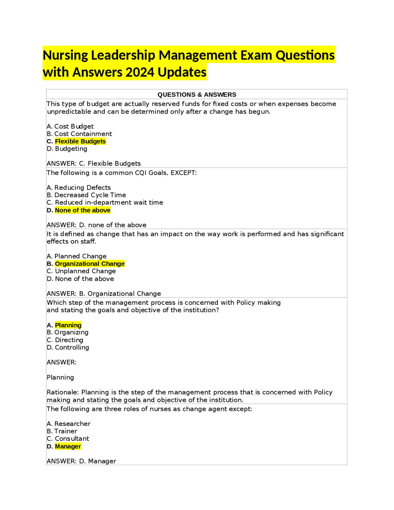 Nursing Leadership Management Exam Questions with Answers 2024 Updates ...
