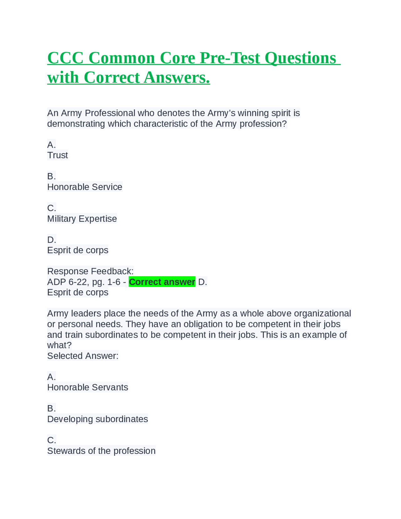 Ccc Common Core Pre Test Questions With Correct Answers Exams Military Leadership Docsity