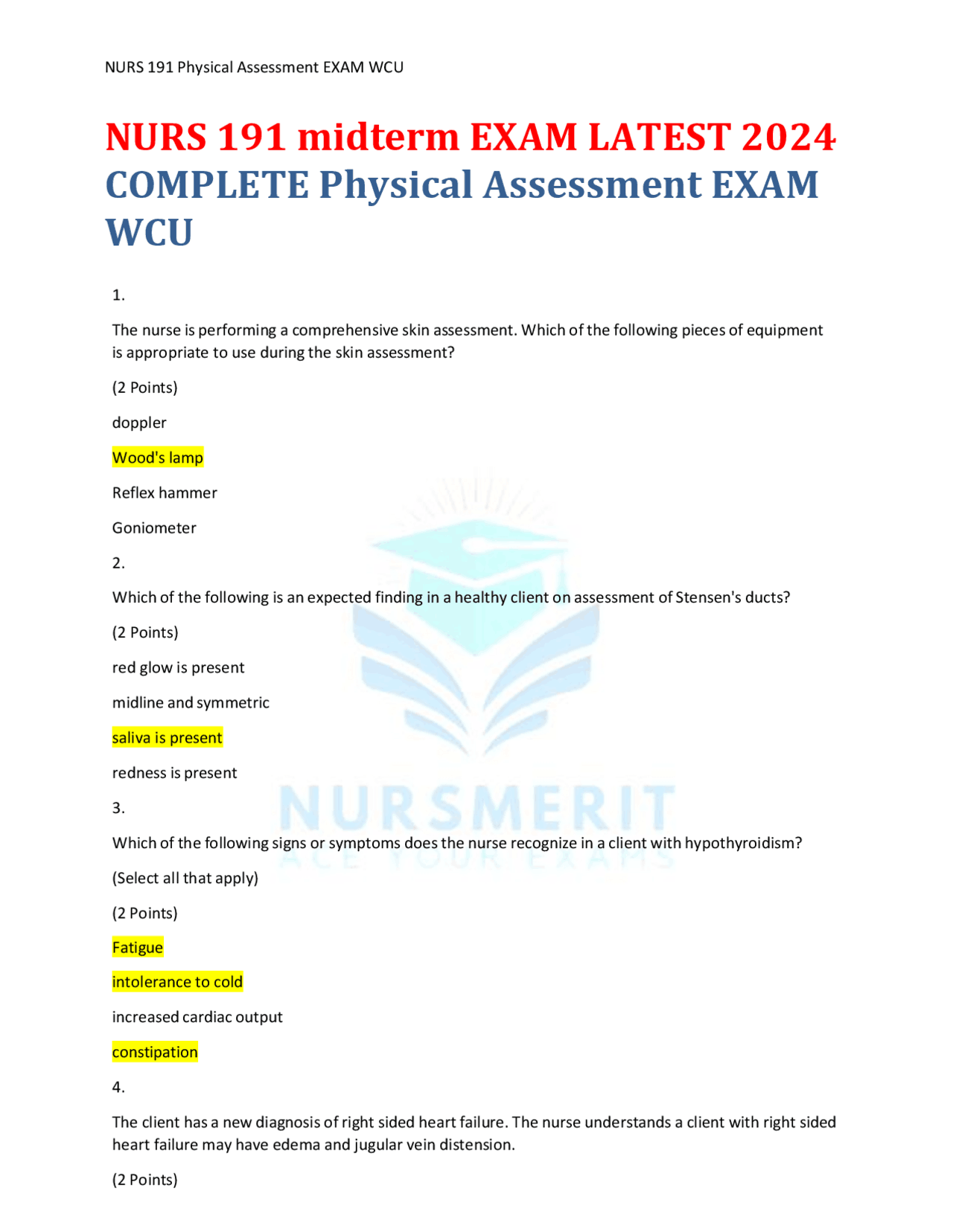 WCU NURS 191 Physical Assessment Exam Questions and Answers | Exams Nursing | Docsity