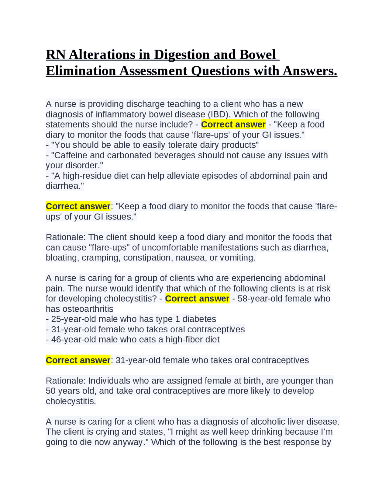 RN Alterations in Digestion and Bowel Elimination Assessment Questions ...