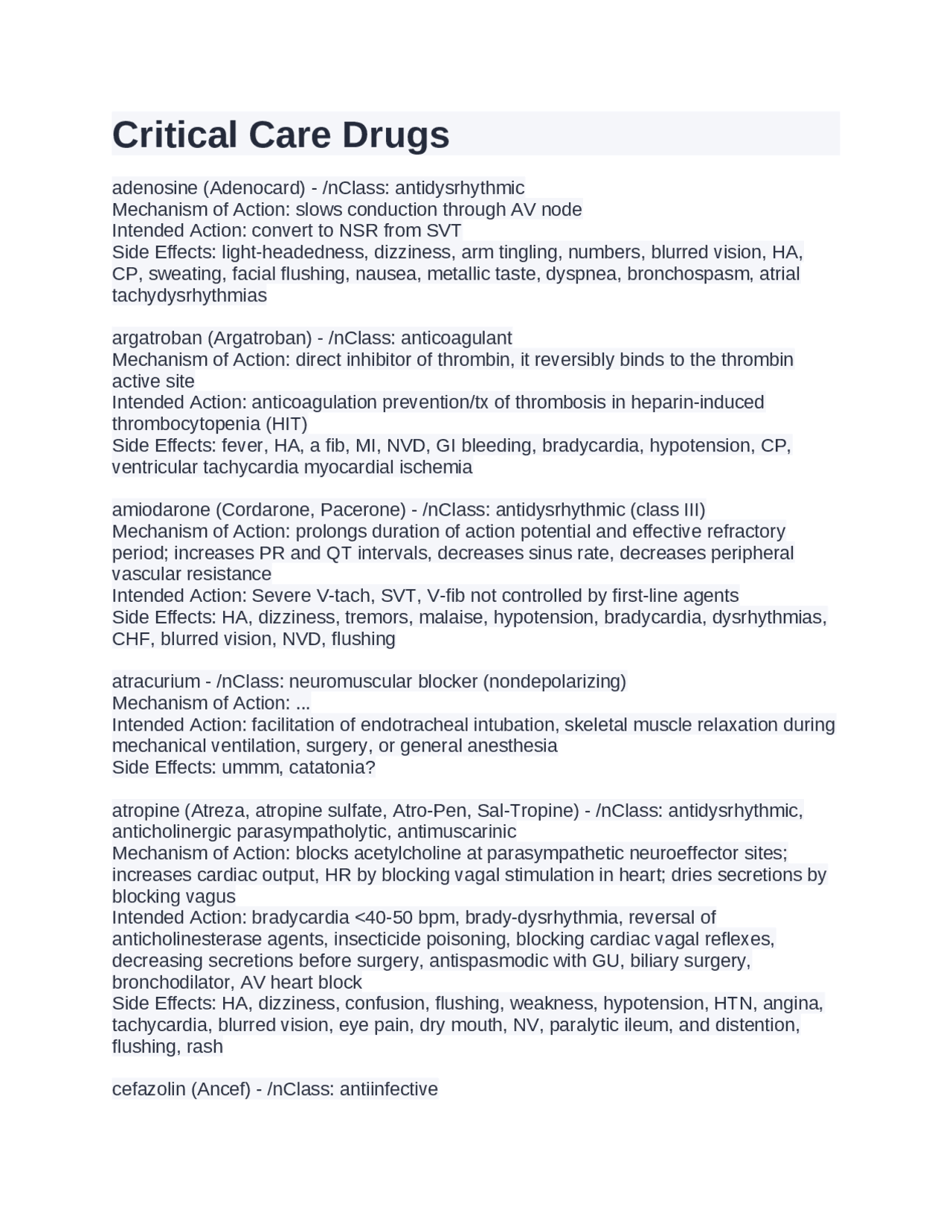 Critical Care Drugs Fundamental | Exams Nursing | Docsity