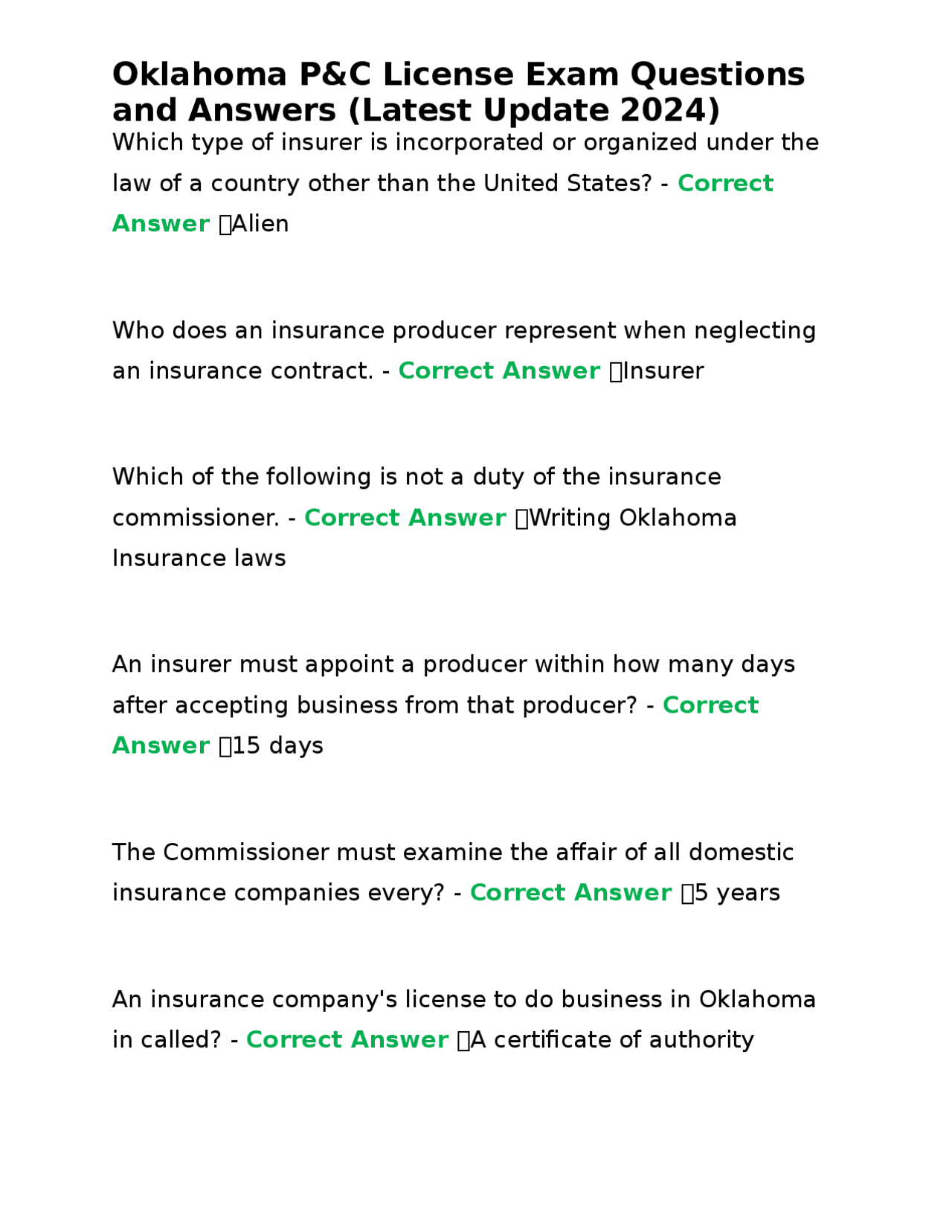 Oklahoma P&C License Exam Questions and Answers (Latest Update 2024 ...