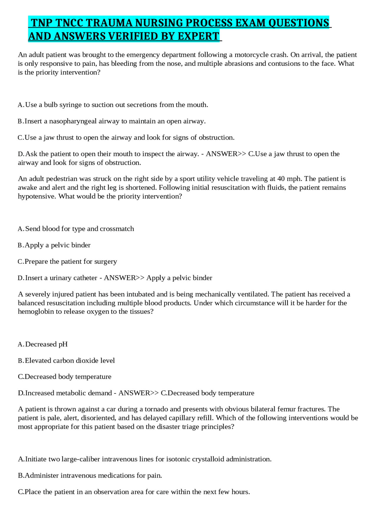 TNP TNCC TRAUMA NURSING PROCESS EXAM QUESTIONS AND ANSWERS VERIFIED BY ...