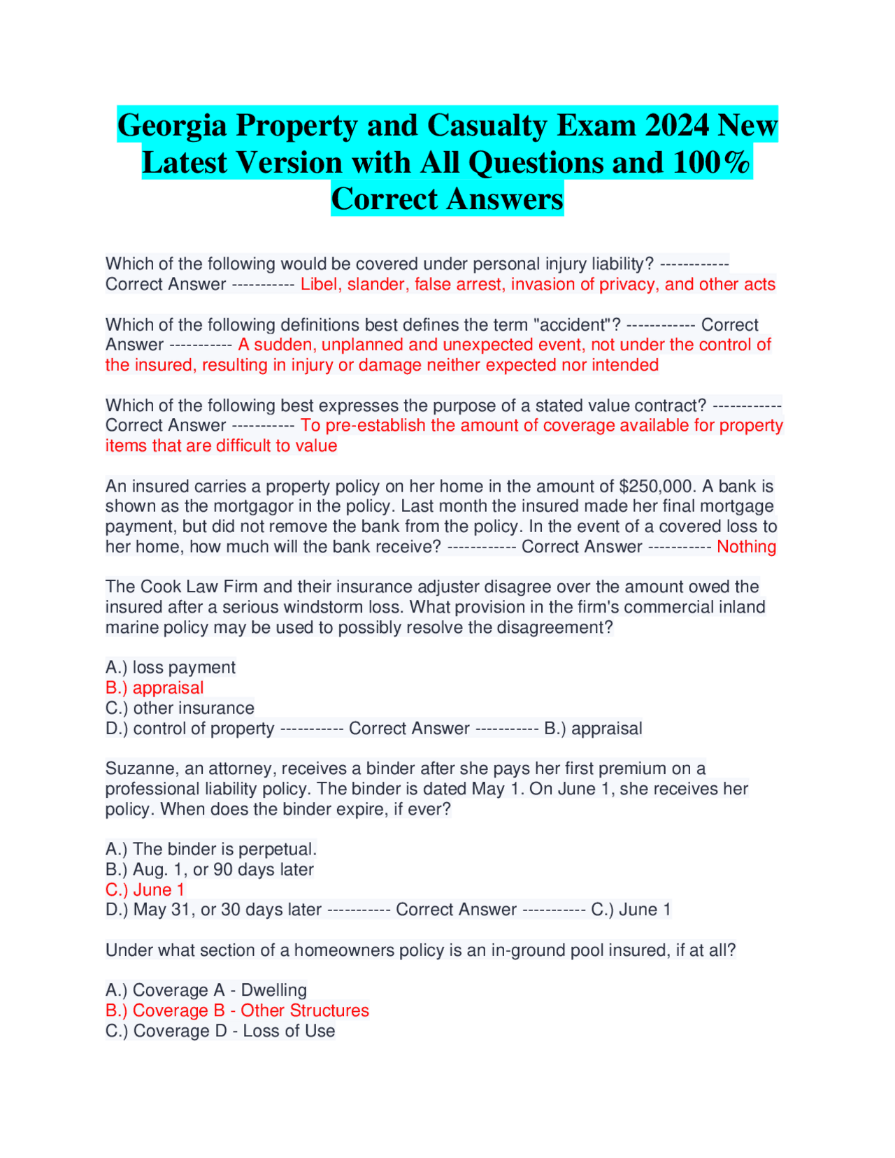 Georgia Property and Casualty Exam 2024 New Latest Version with All ...