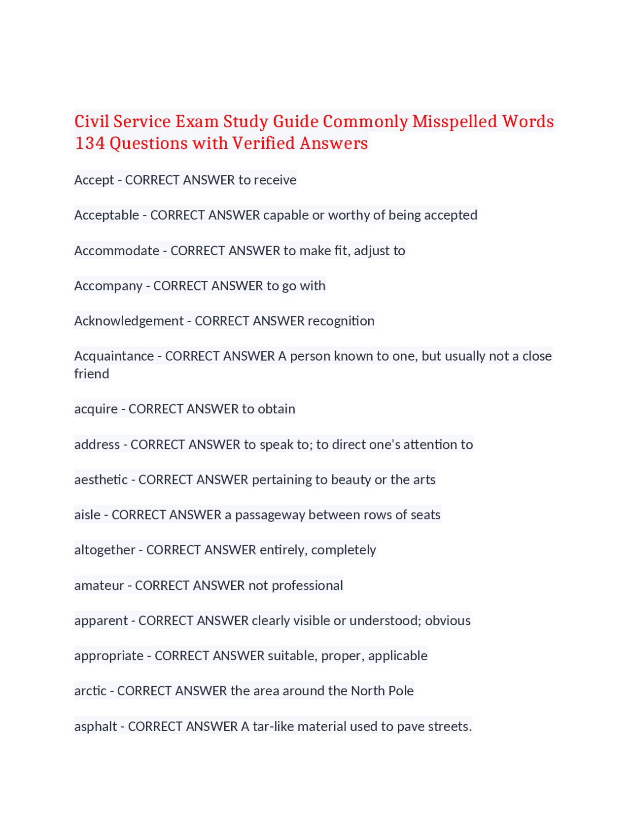 Civil Service Exam Study Guide Commonly Misspelled Words 134 Question ...
