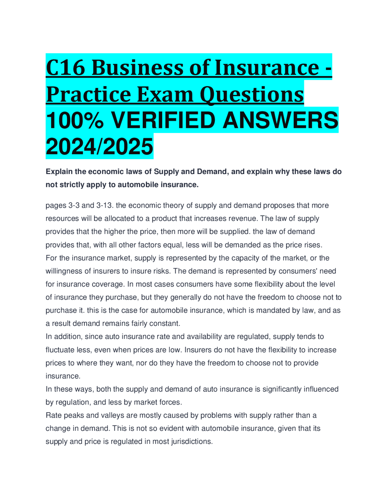 C16 Business of Insurance - Practice Exam Questions 100% VERIFIED ...