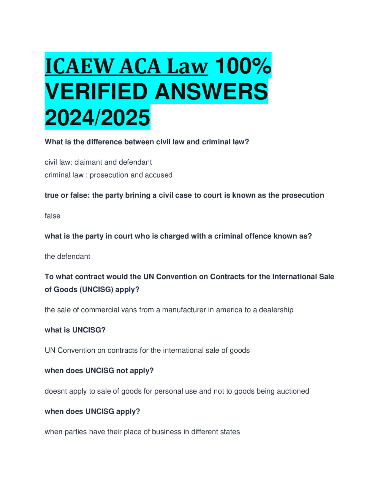 ICAEW ACA Law 100% VERIFIED ANSWERS 2024/2025 | Exams Law | Docsity