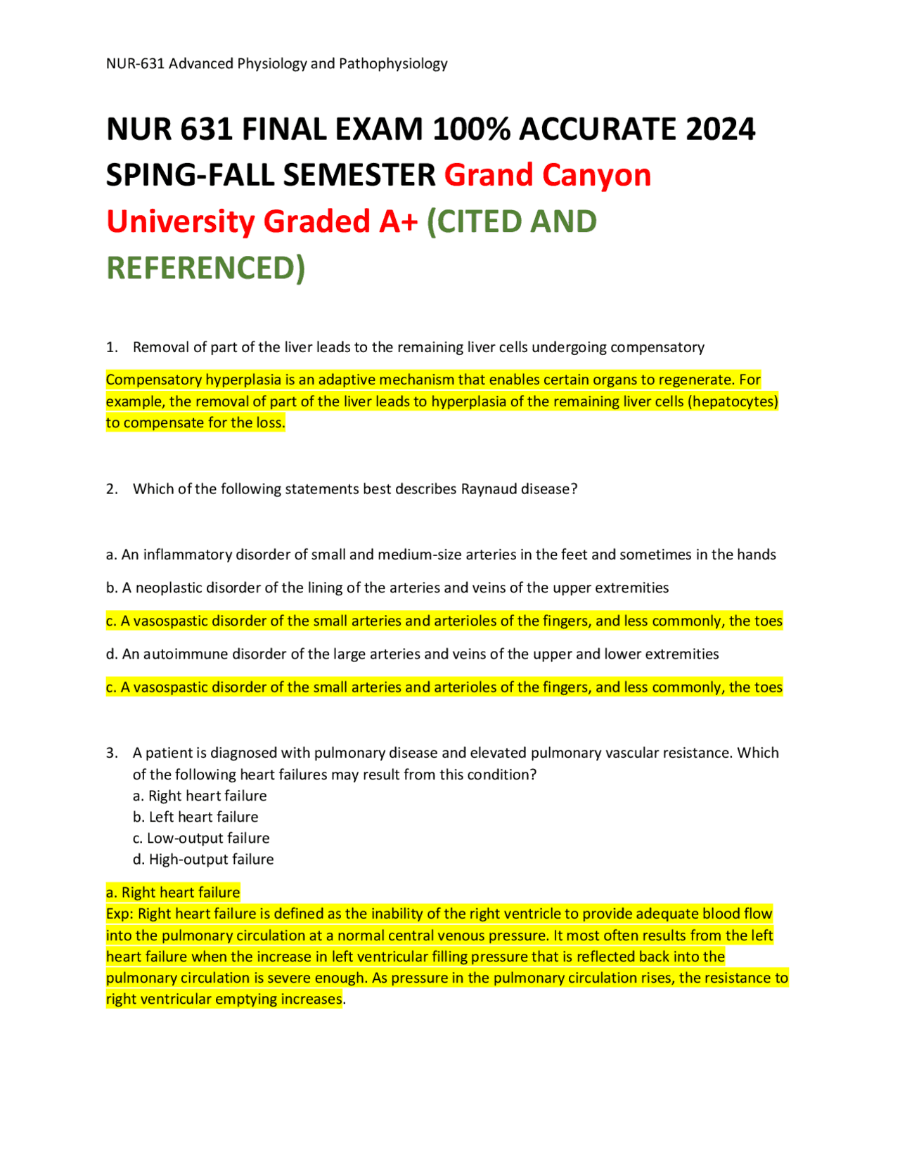 NUR 631 FINAL EXAM 100% ACCURATE 2024 SPING-FALL SEMESTER Grand Canyon University Graded | Exams ...