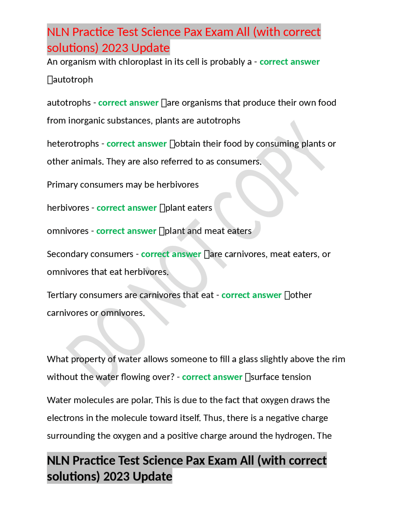 NLN Practice Test Science Pax Exam All (with correct solutions) 2023 ...