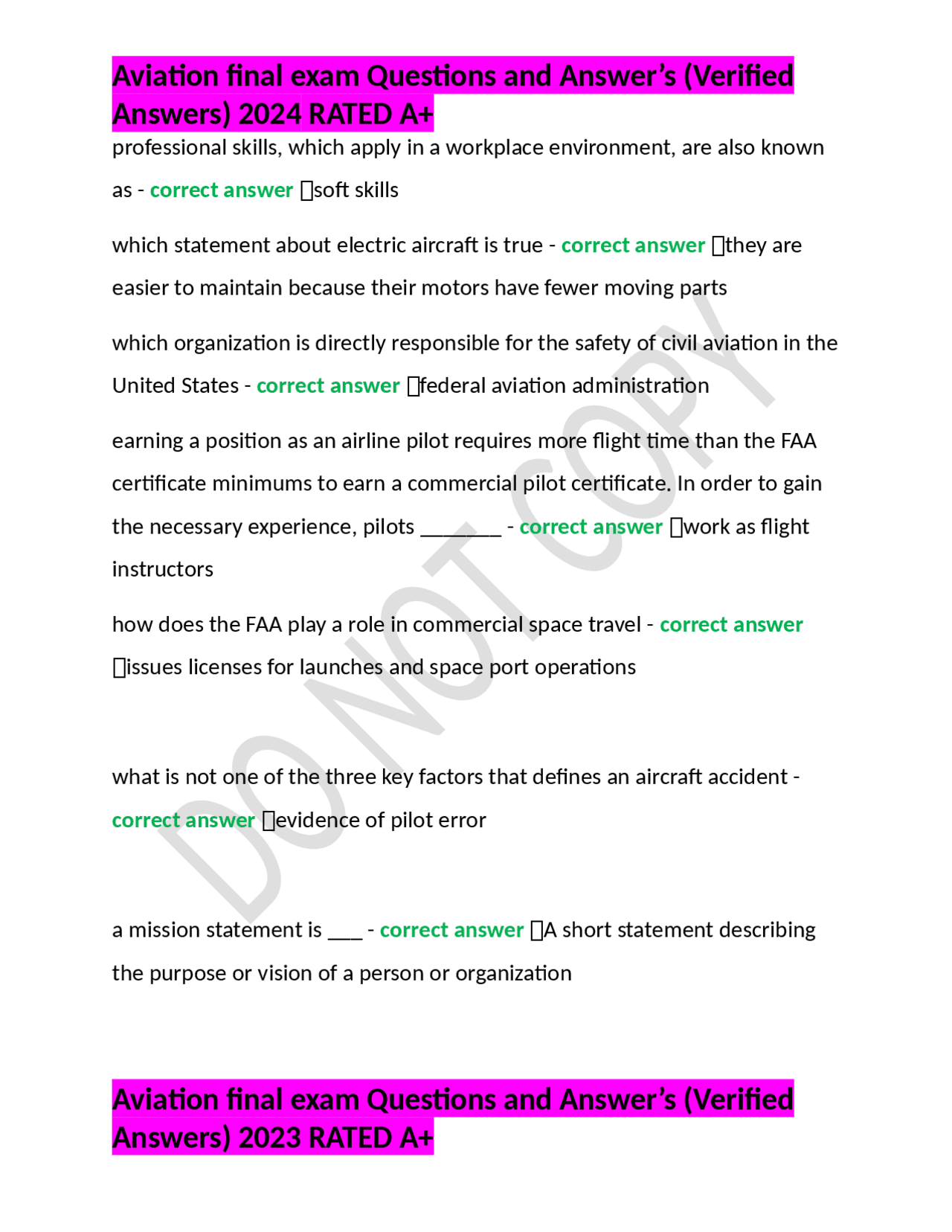 Aviation General 1 - Final Exam Questions Answered (100%Correct ...