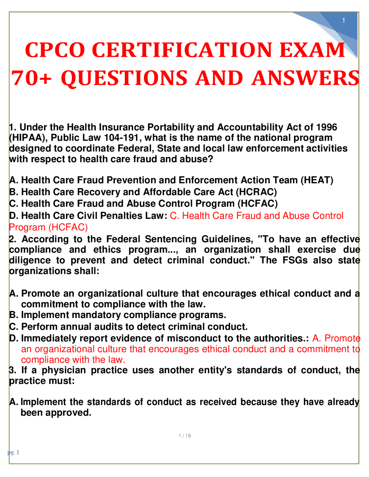 CPCO CERTIFICATION EXAM 70+ QUESTIONS AND ANSWERS | Exams Nursing | Docsity