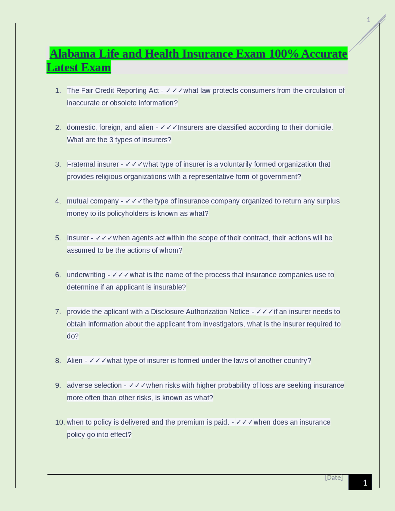 Alabama Life and Health Insurance Exam 100% Accurate Latest Exam ...