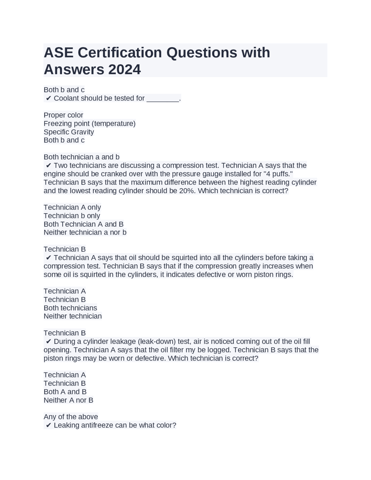 ASE Certification Questions with Answers 2024 | Exams Engineering | Docsity