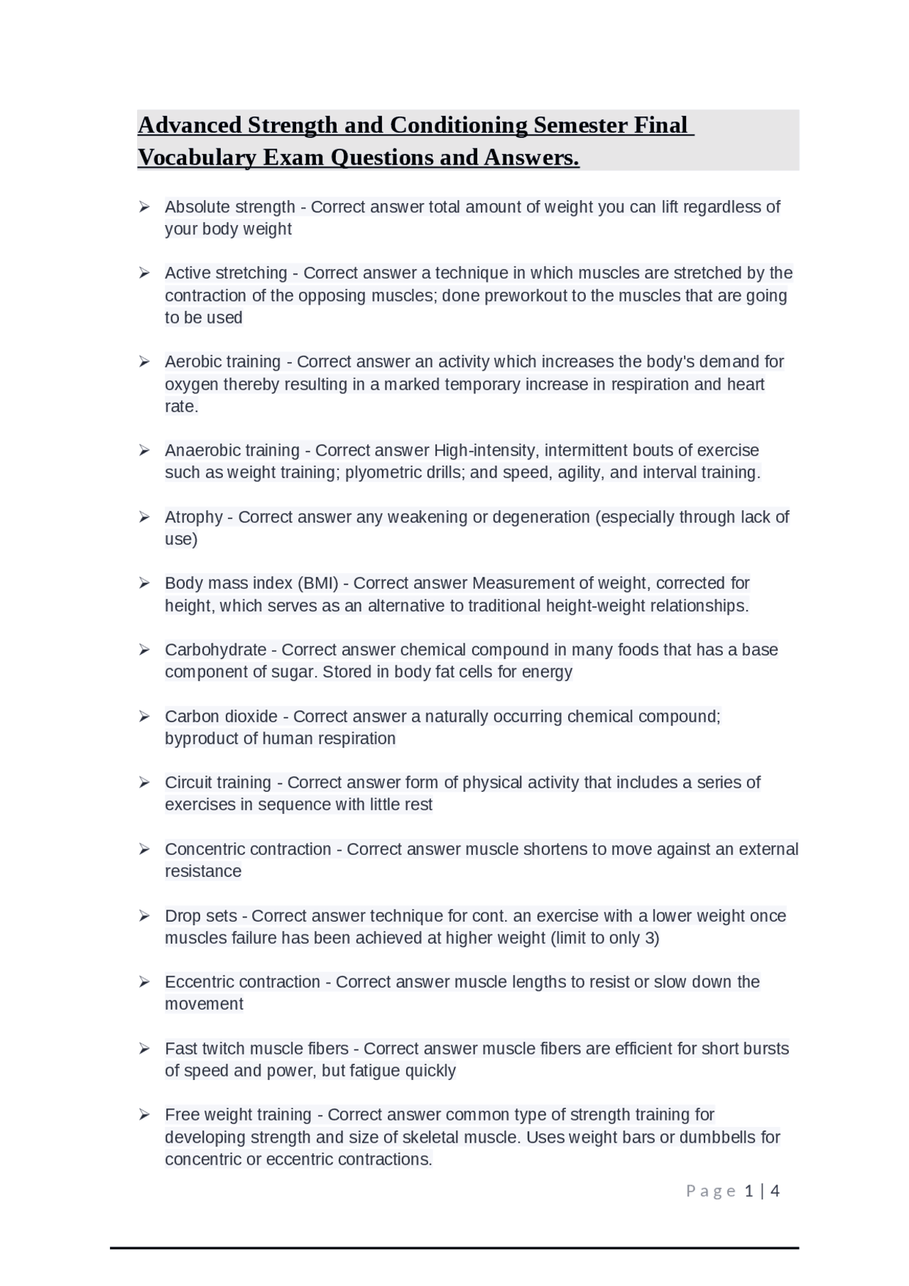 Advanced Strength and Conditioning Semester Final Vocabulary Exam ...