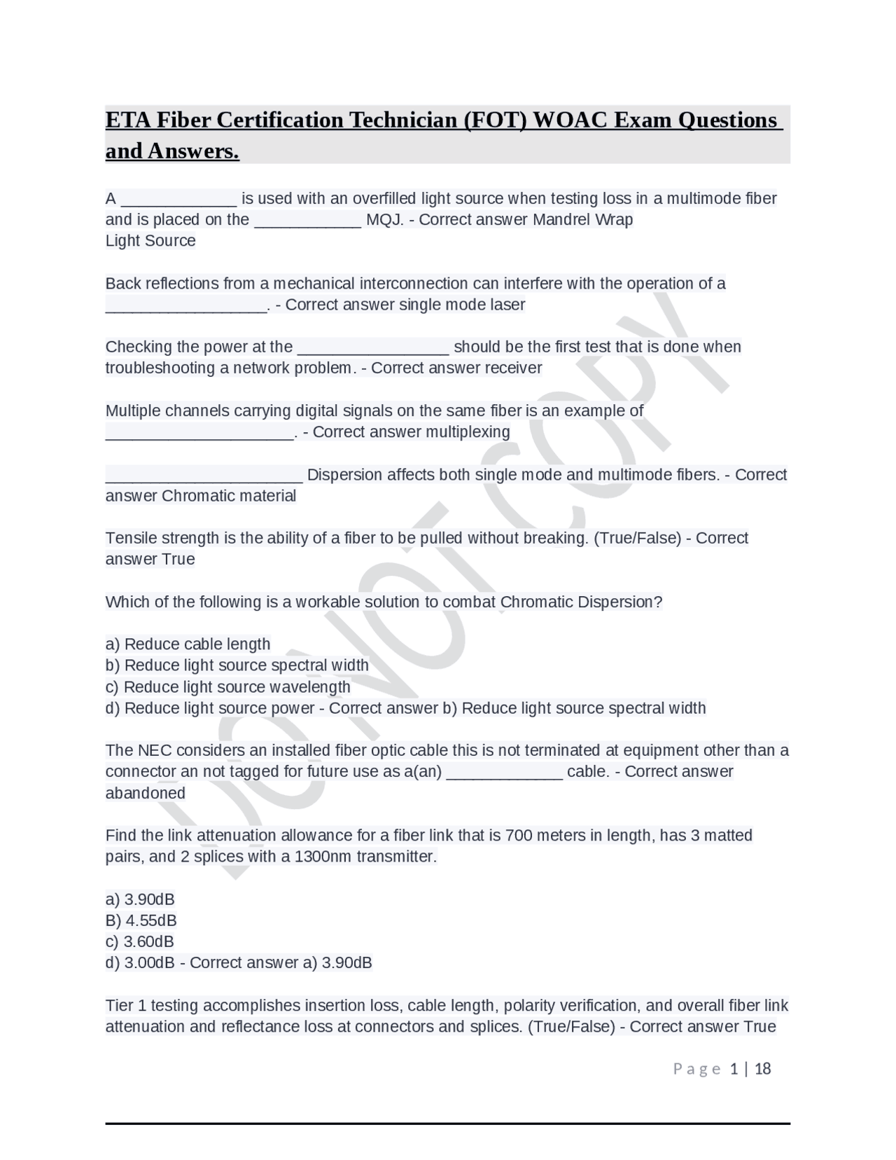 ETA Fiber Certification Technician (FOT) WOAC Exam Questions and ...