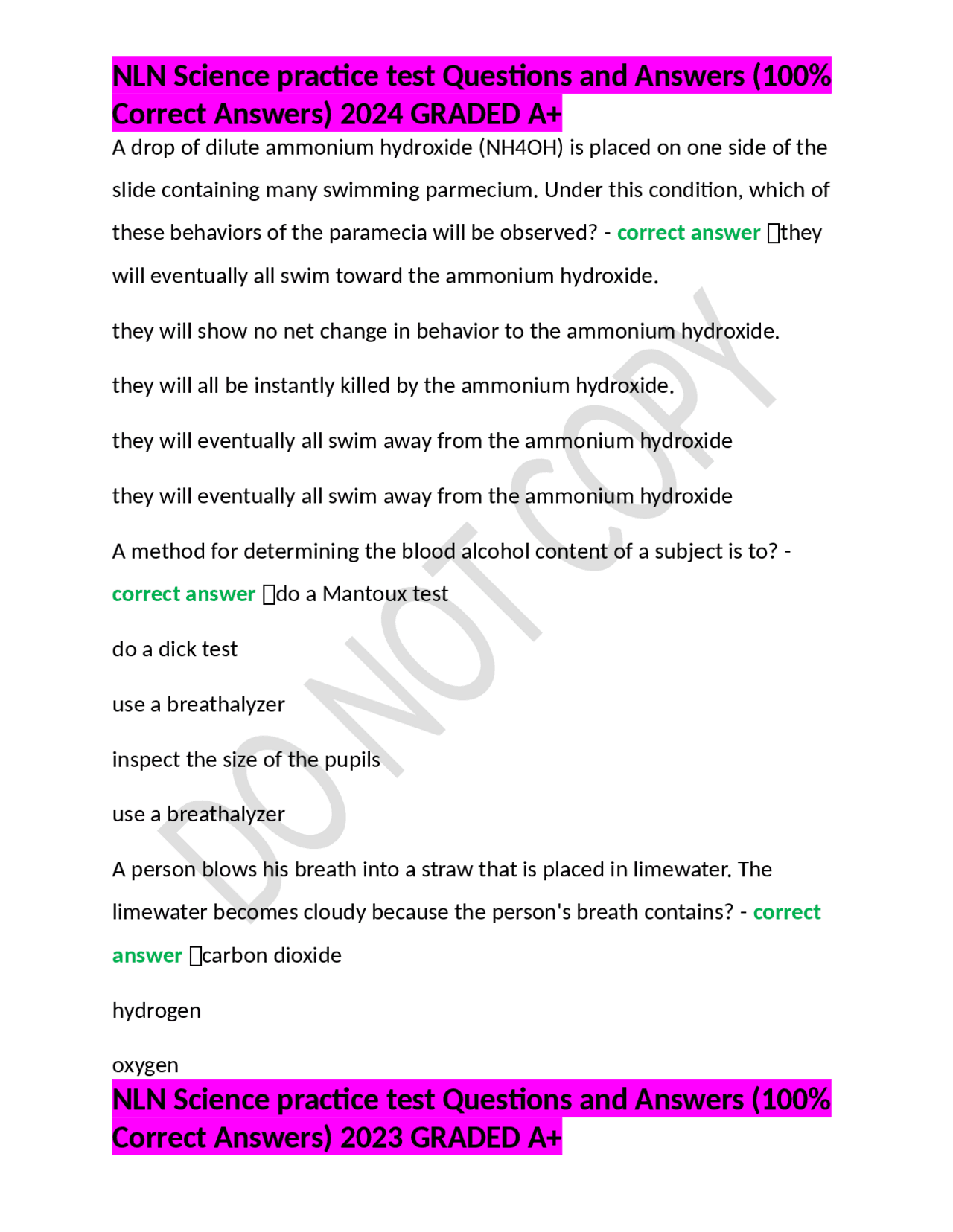 NLN Science practice test Questions and Answers (100% Correct Answers ...