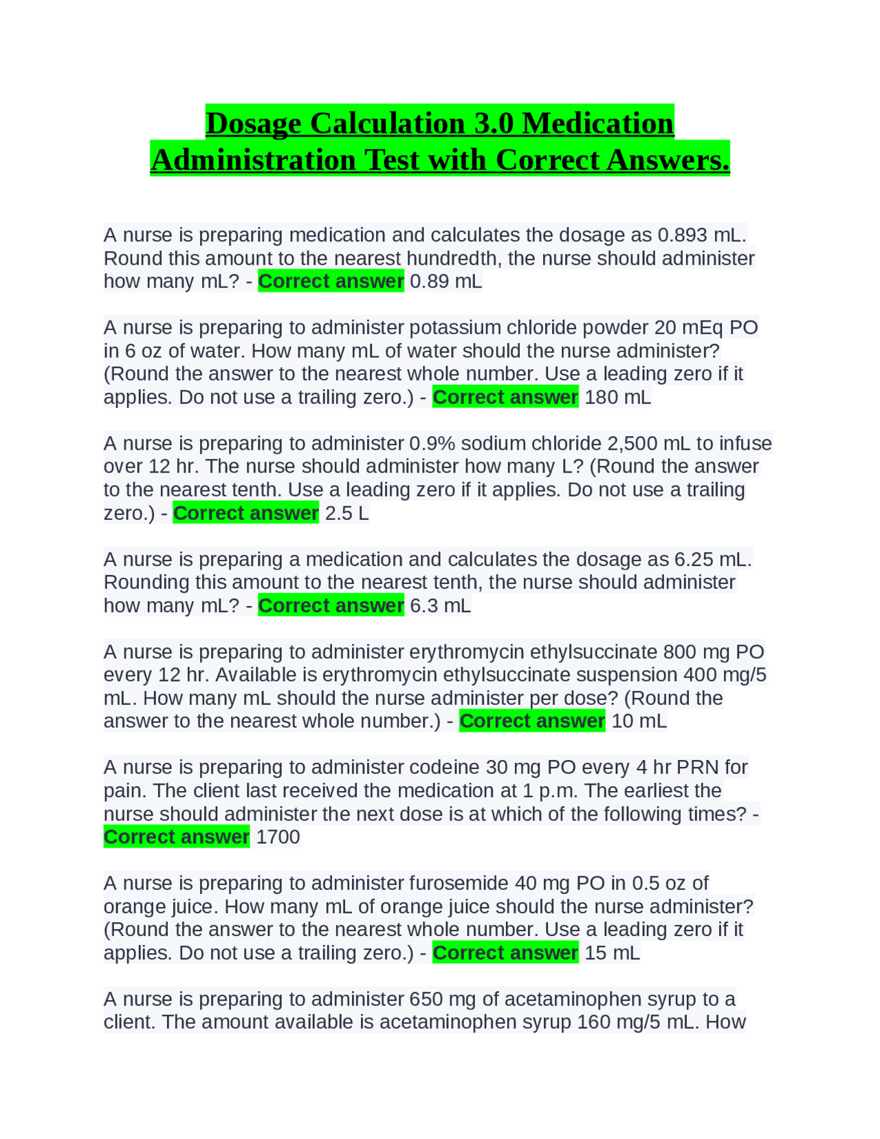 Dosage Calculation 3.0 Medication Administration Test with Correct ...