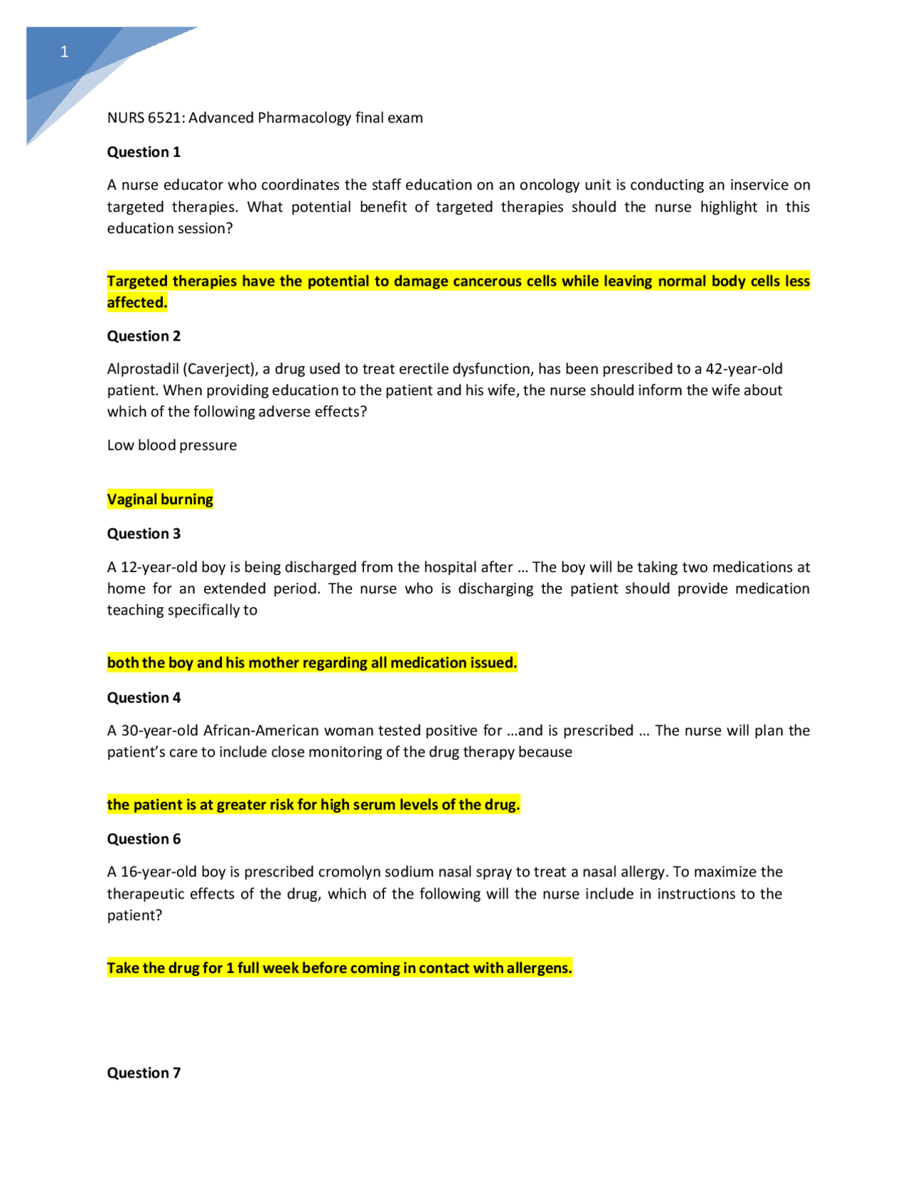 Advanced Pharmacology final exam Download with answers | Exams Nursing | Docsity