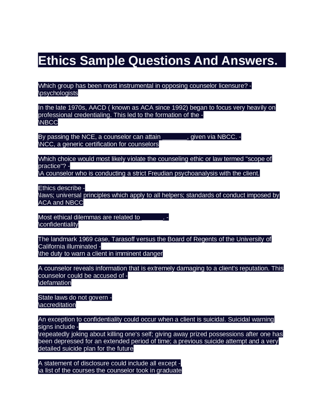 Ethics Sample Questions And Answers. | Exams Medicine | Docsity