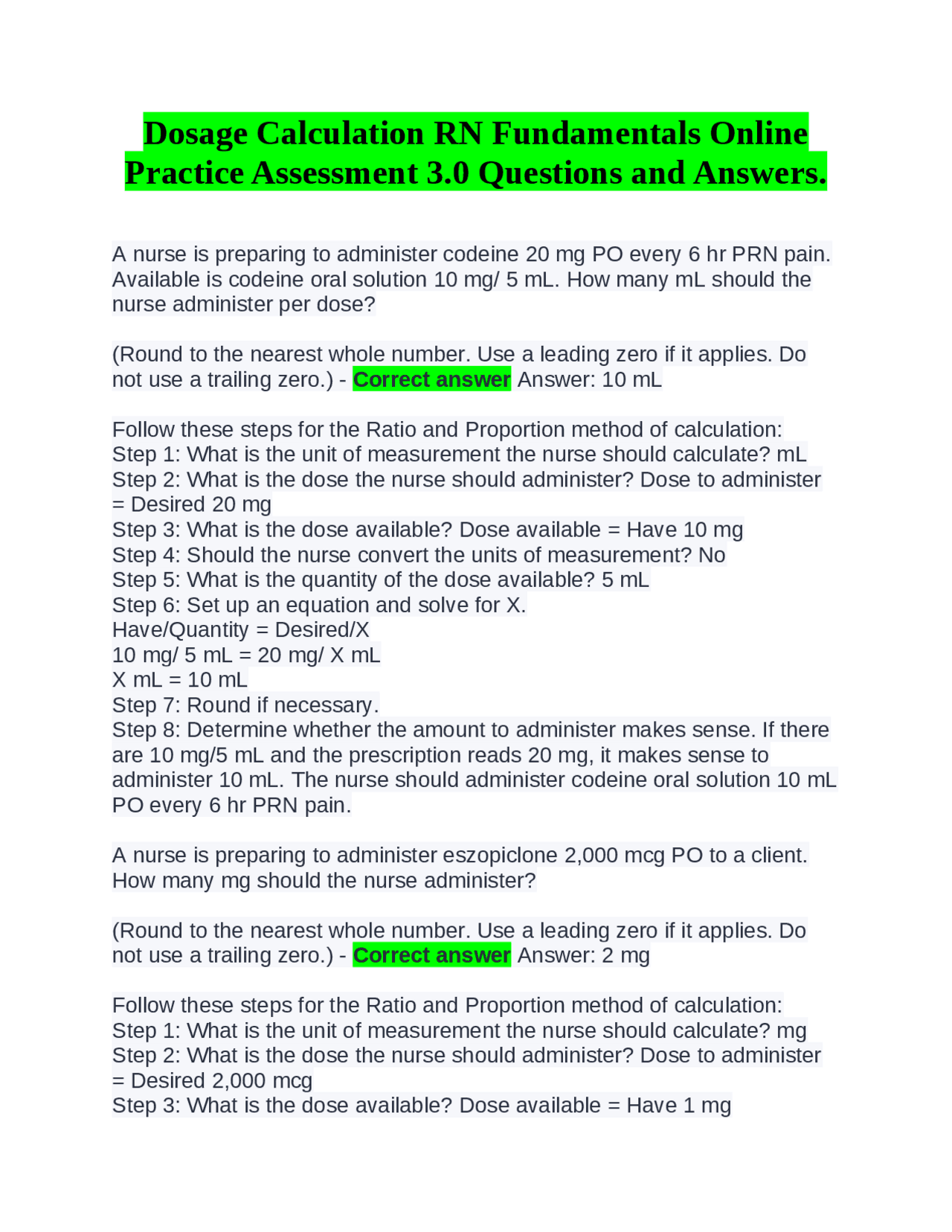 Dosage Calculation RN Fundamentals Online Practice Assessment 3.0 ...